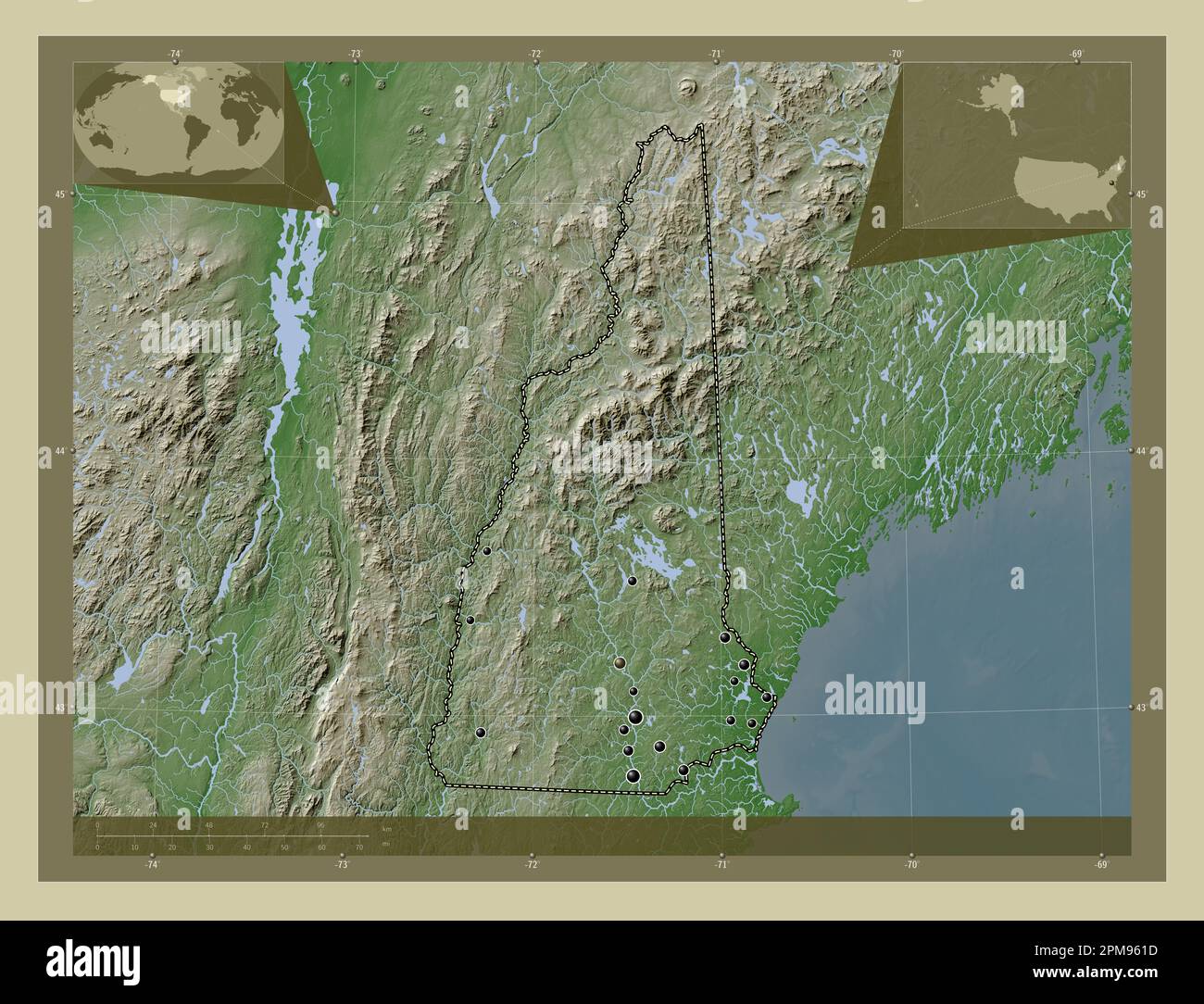 New Hampshire, state of United States of America. Elevation map colored ...