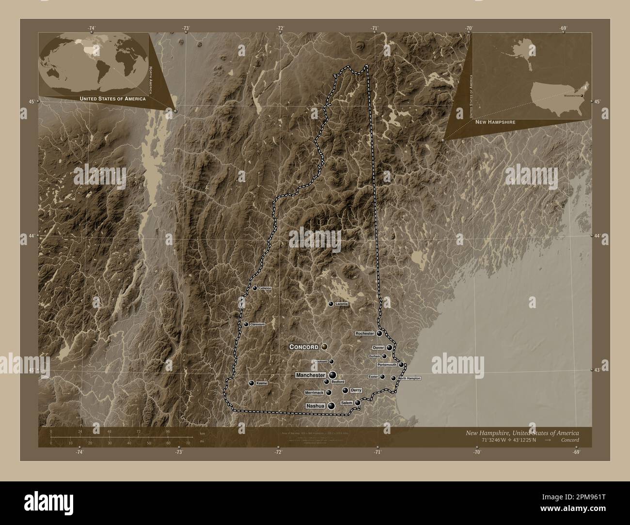 New Hampshire, state of United States of America. Elevation map colored ...
