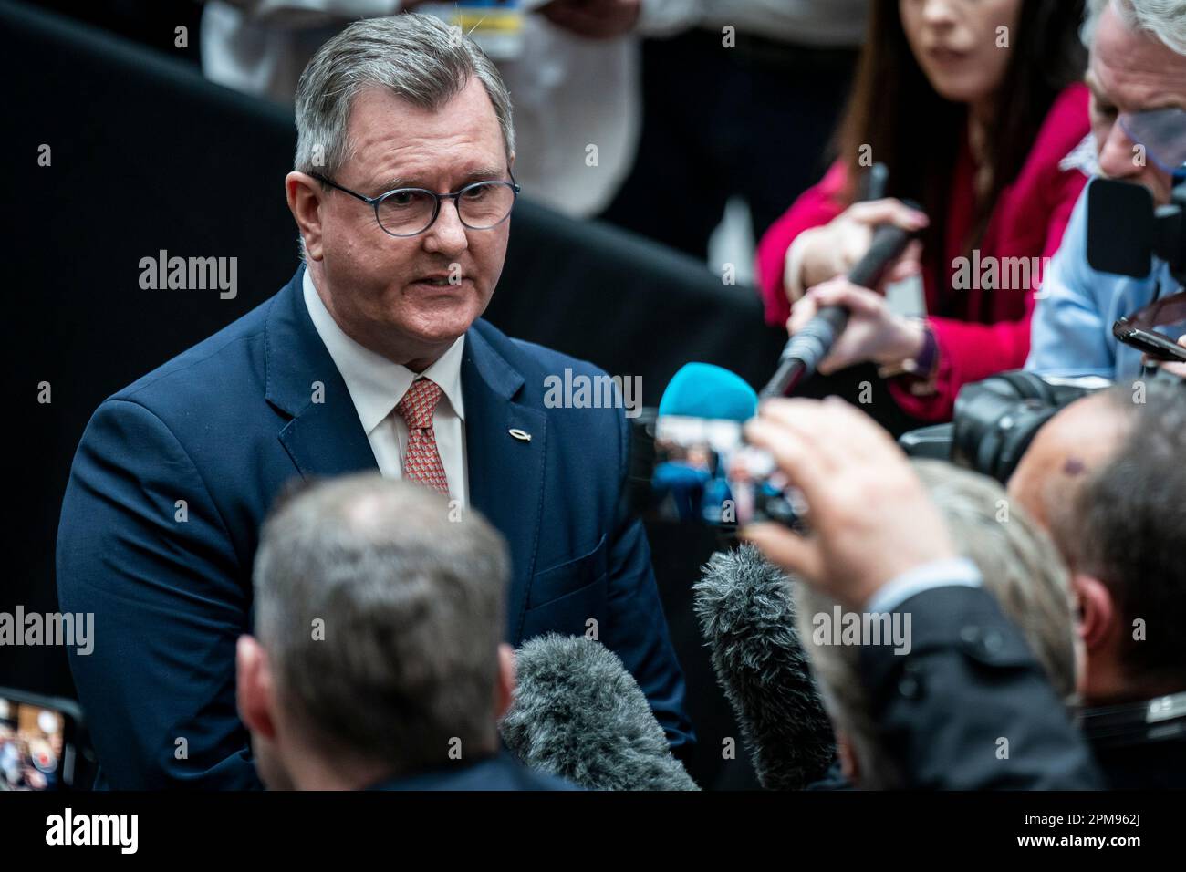 Jeffrey Donaldson from the DUP speaks to the media after US President ...