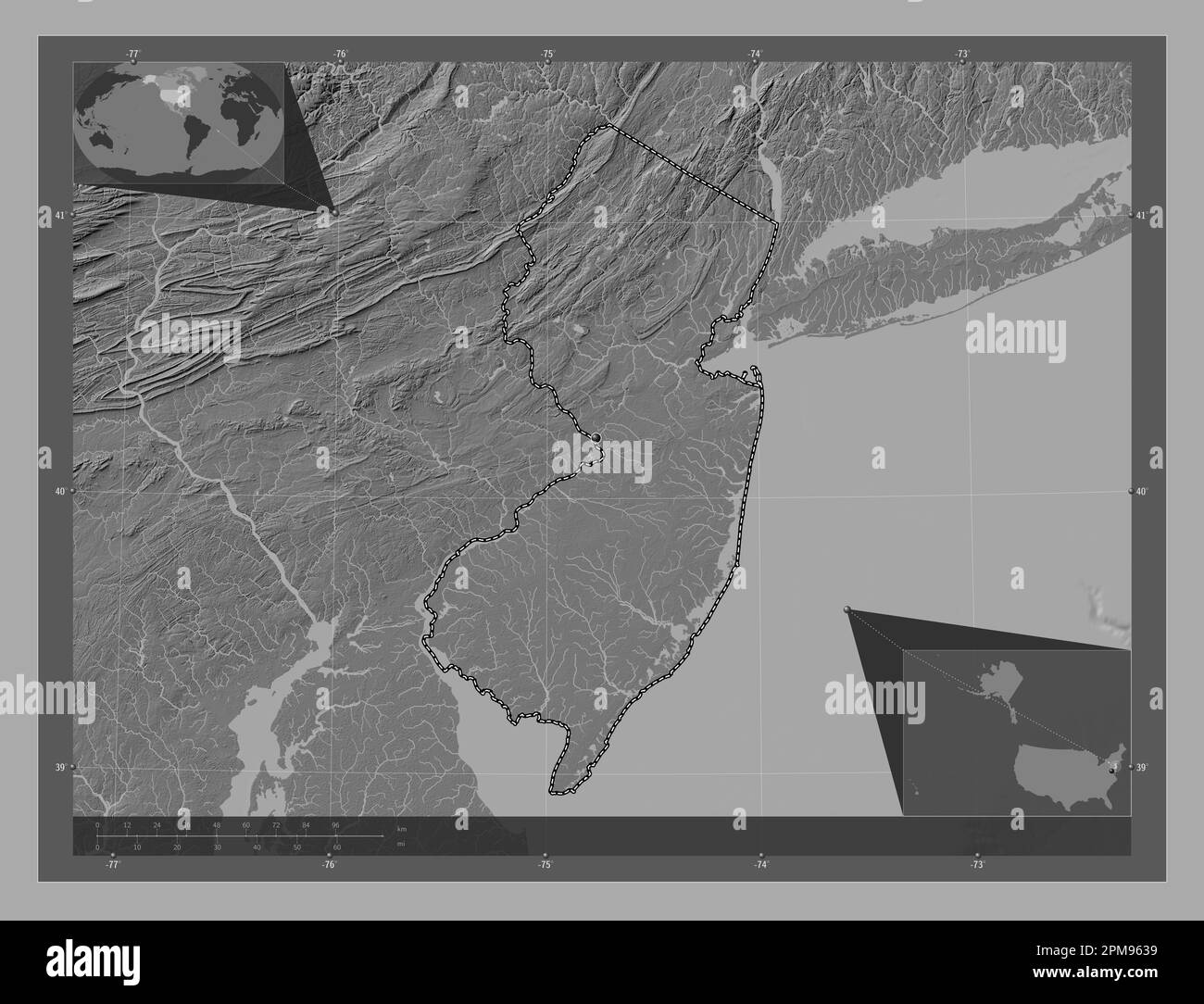 New Jersey, state of United States of America. Bilevel elevation map ...