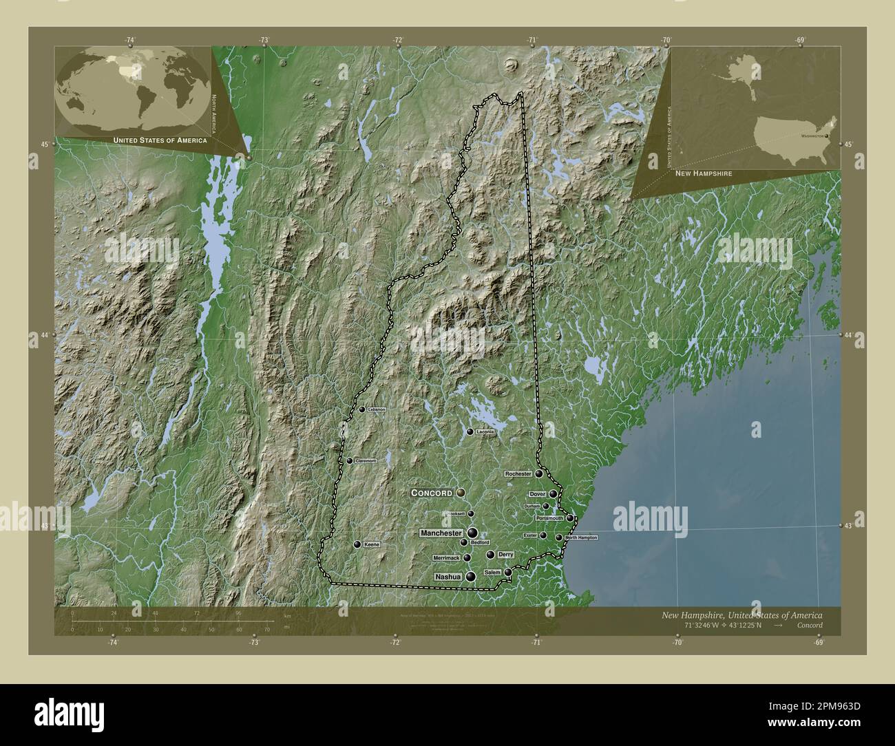 New Hampshire, state of United States of America. Elevation map colored ...