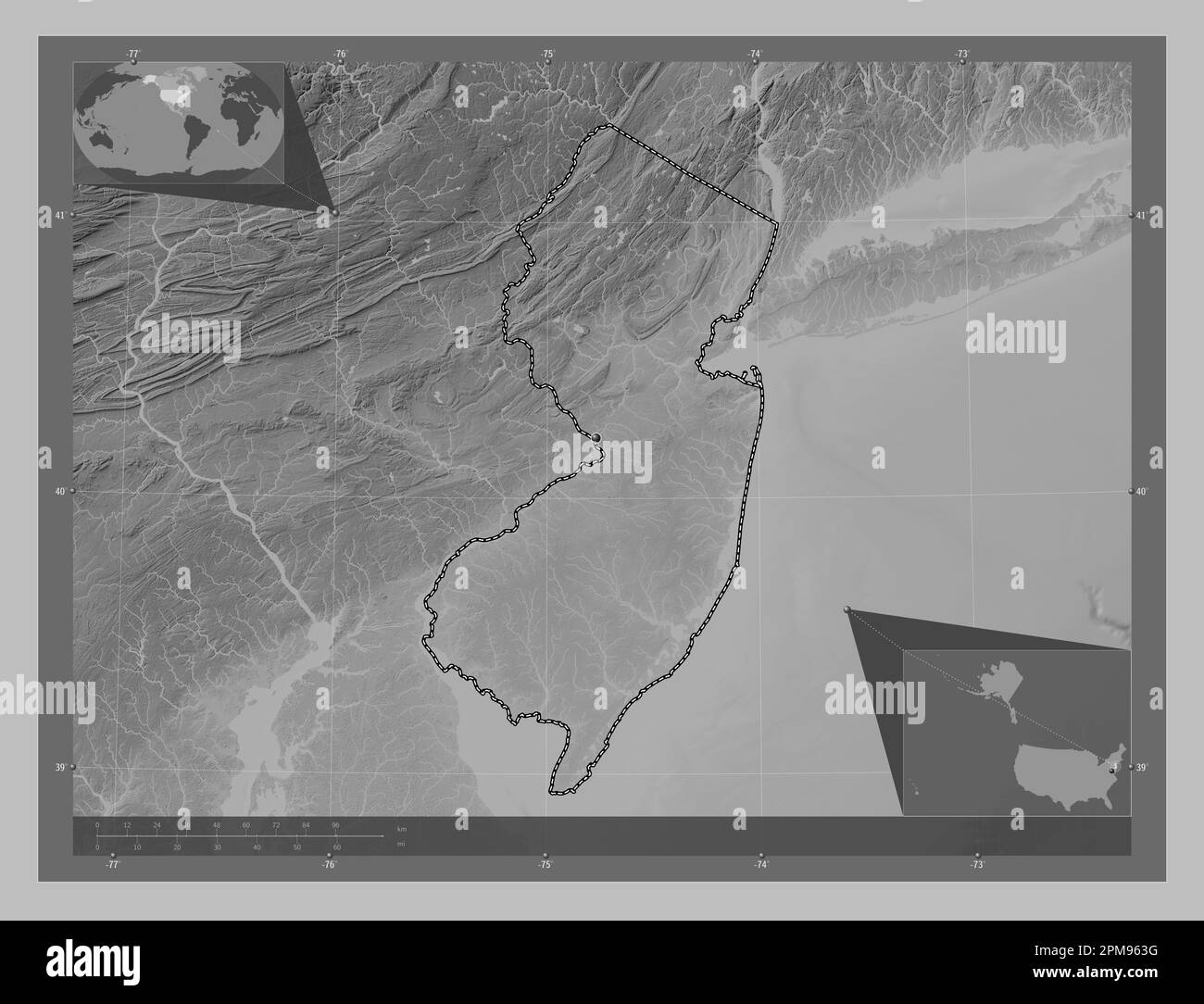 New Jersey, state of United States of America. Grayscale elevation map ...