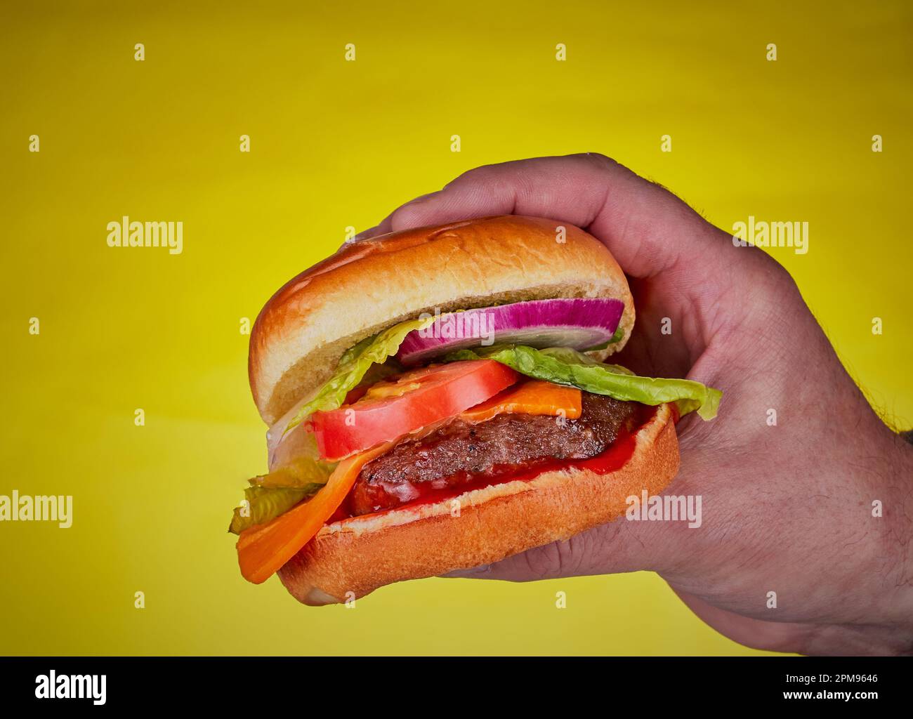 Hand holding a cheese burger in front of yellow vibrant background ...