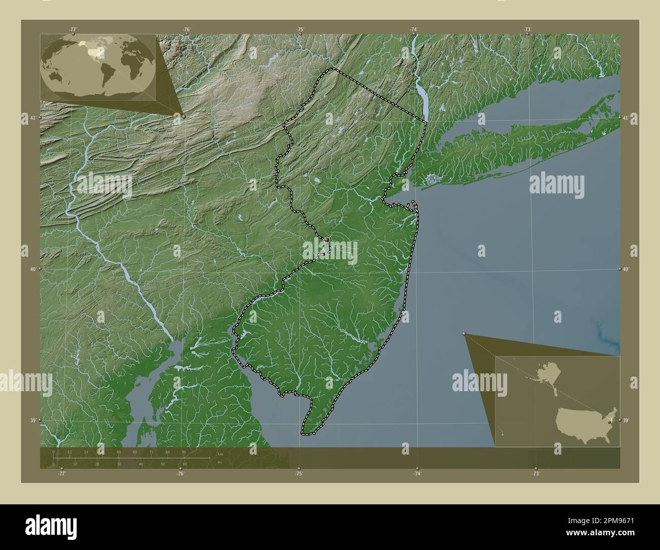 New Jersey, state of United States of America. Elevation map colored in ...