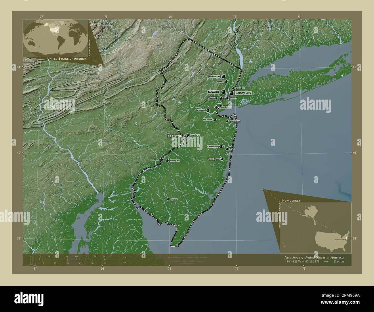 New Jersey, state of United States of America. Elevation map colored in ...