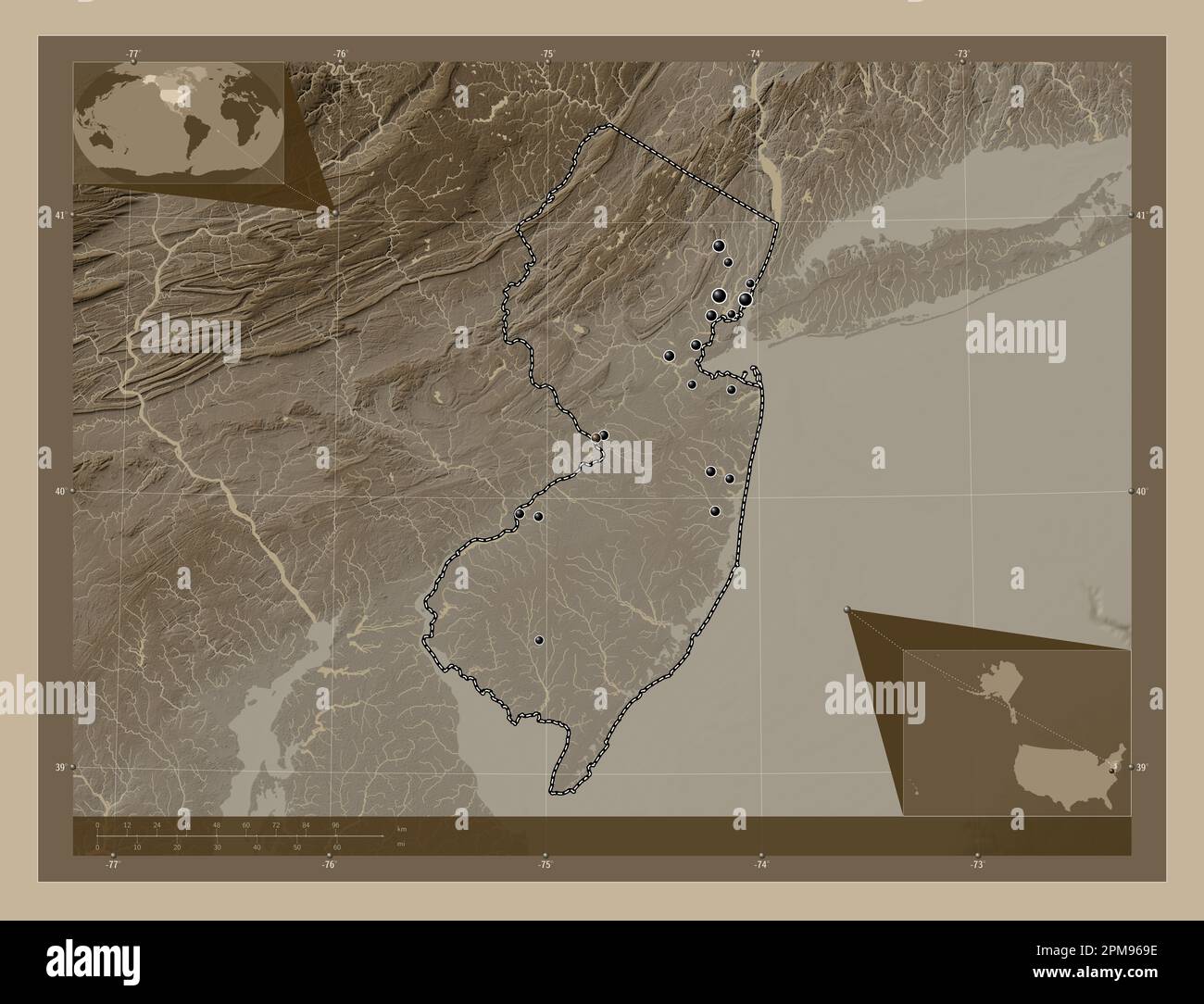New Jersey, state of United States of America. Elevation map colored in ...