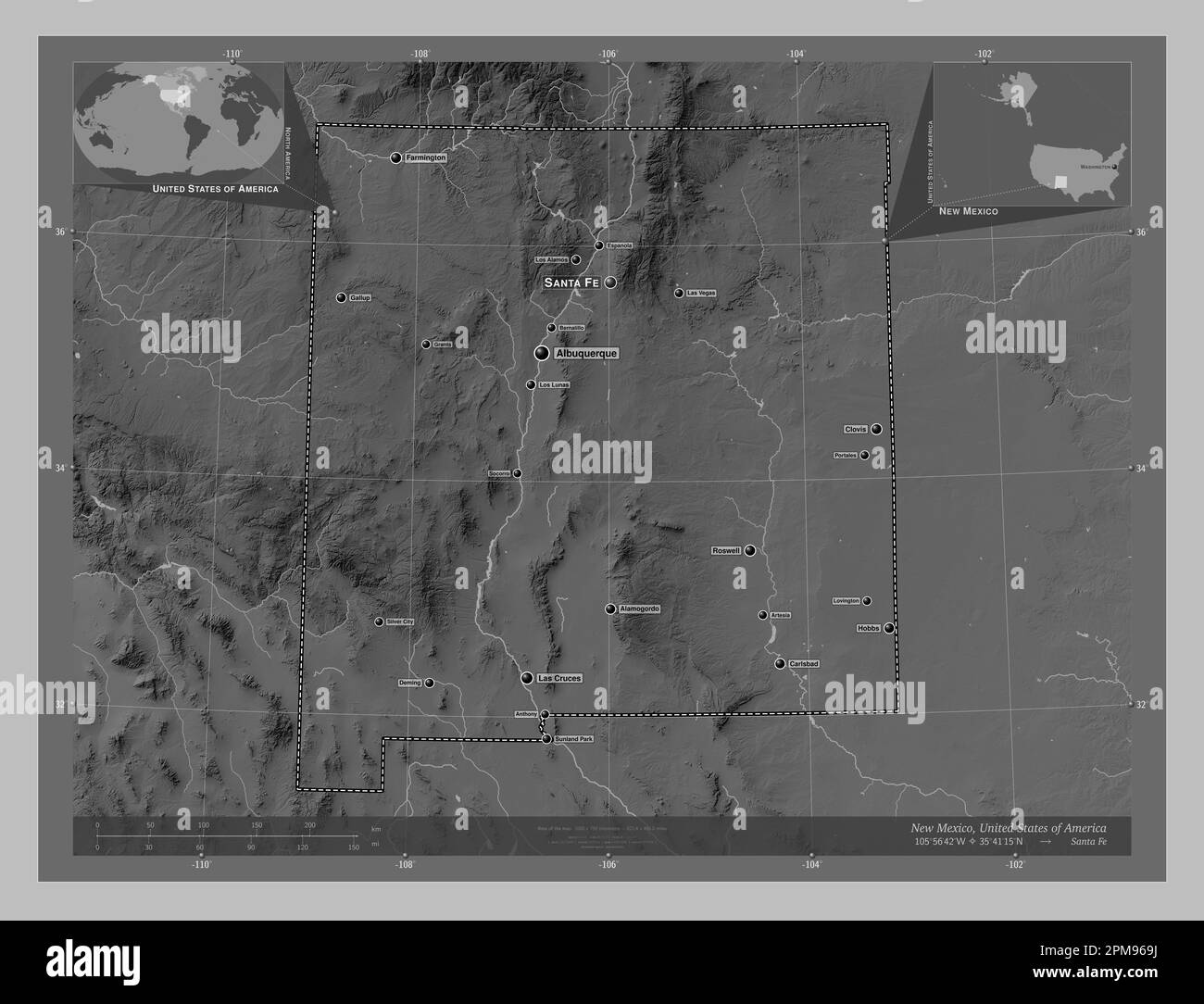 New Mexico, state of United States of America. Grayscale elevation map ...