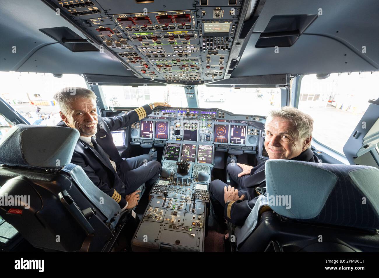 Munich, Germany. 12th Apr, 2023. Lufthansa pilots Raimund Müller (l ...