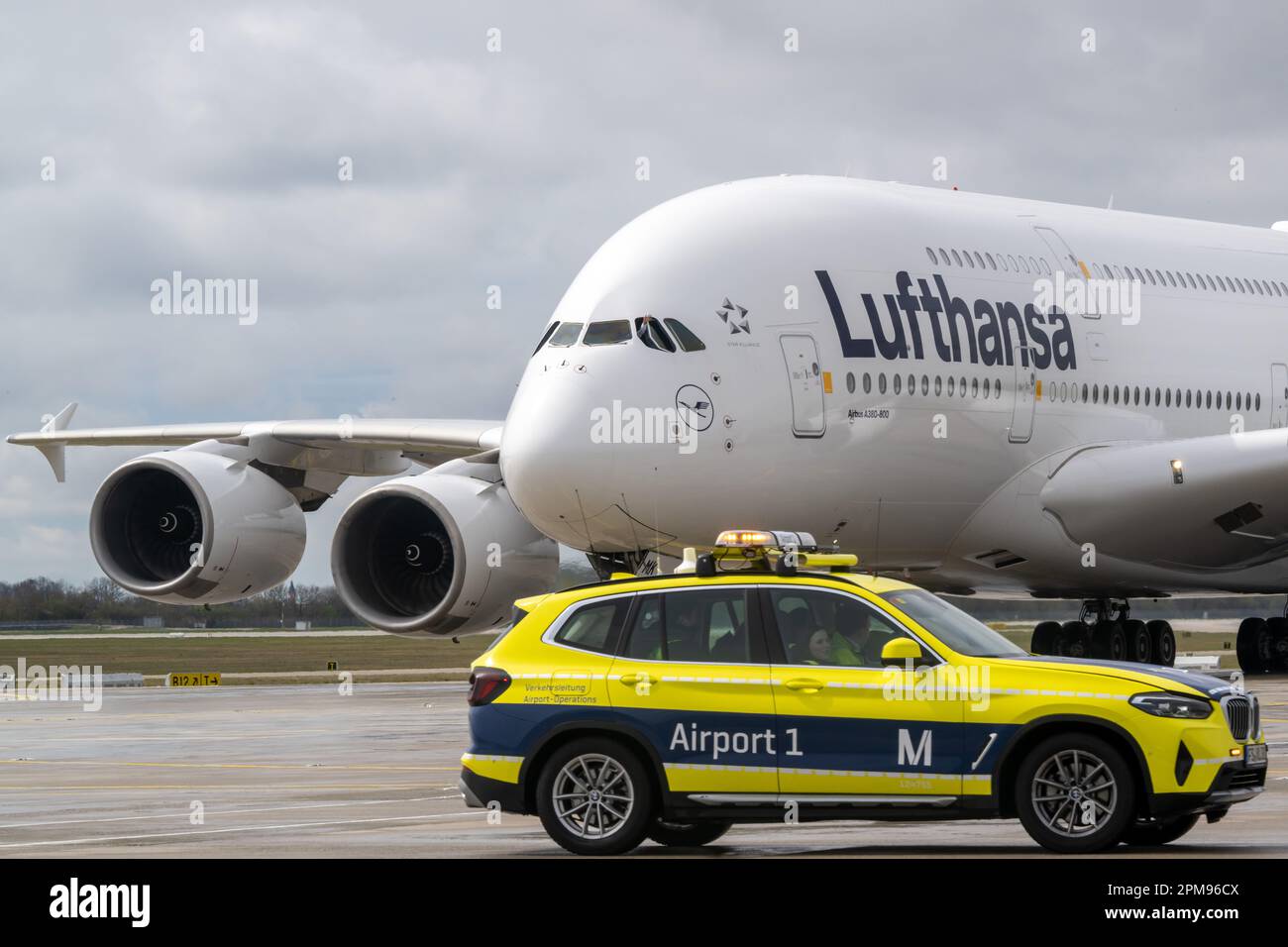 Munich, Germany. 12th Apr, 2023. A Lufthansa Airbus A380 aircraft taxis ...