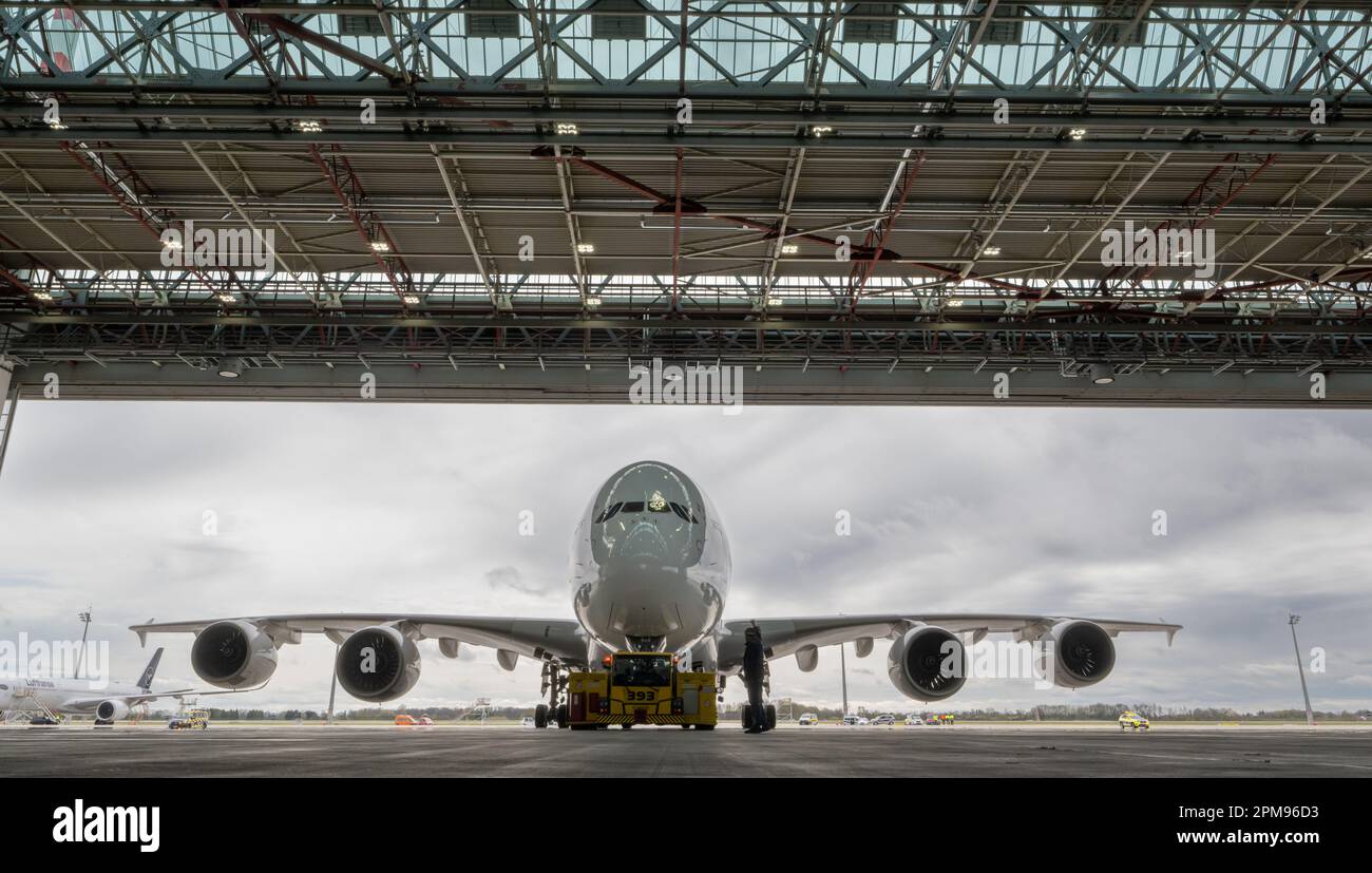 Munich, Germany. 12th Apr, 2023. A Lufthansa Airbus A380 aircraft taxis ...