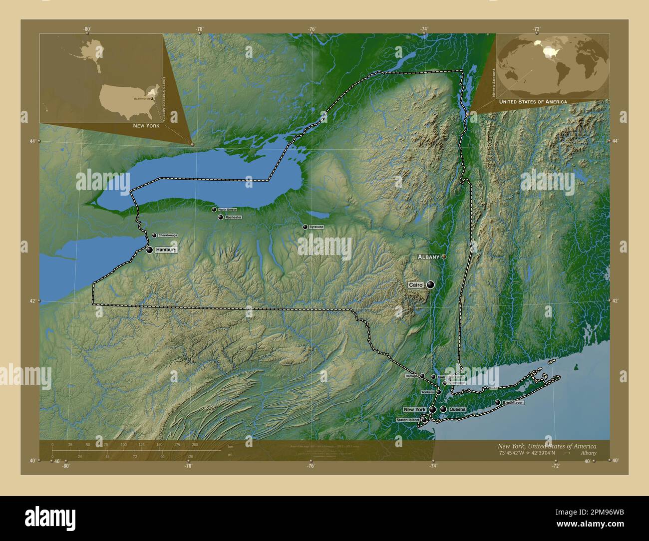 New York, state of United States of America. Colored elevation map with ...