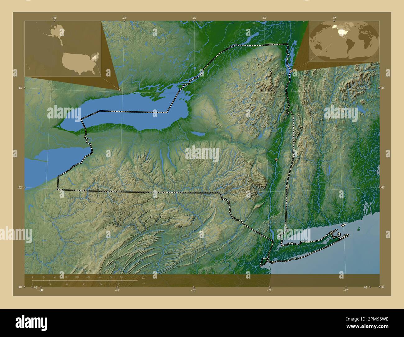 New York, state of United States of America. Colored elevation map with ...