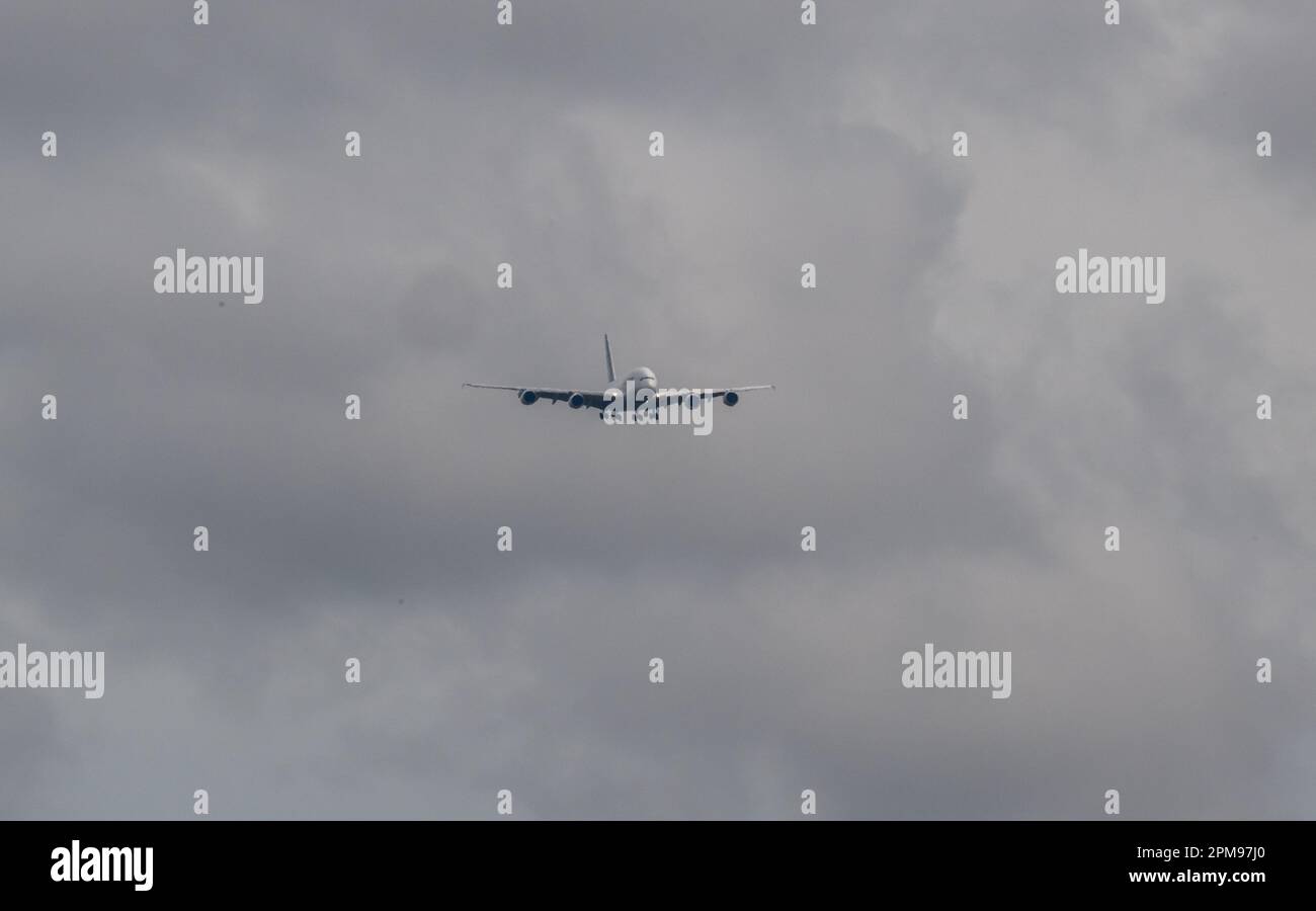 Munich, Germany. 12th Apr, 2023. A Lufthansa Airbus A380 aircraft pokes ...