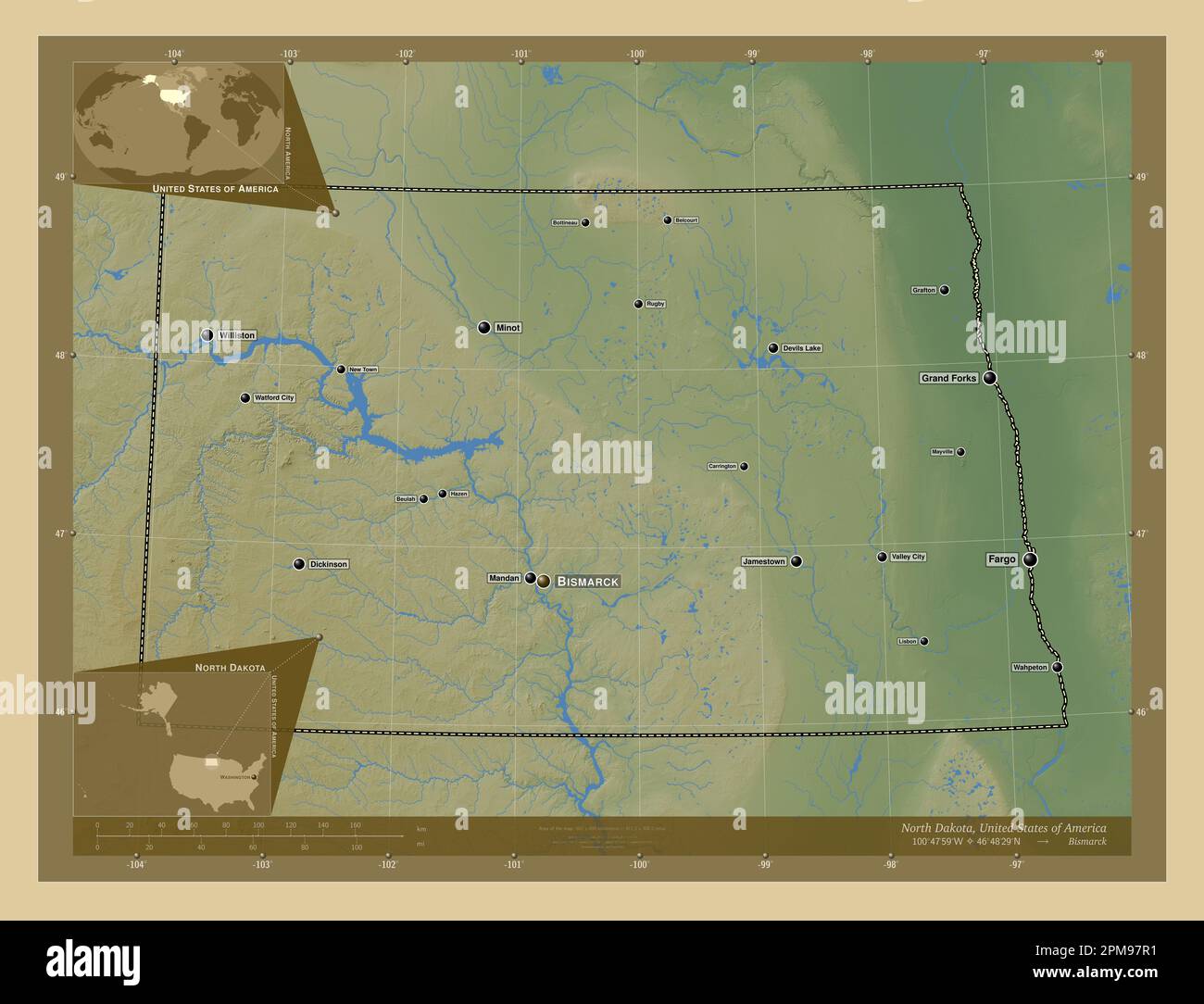 North Dakota, state of United States of America. Colored elevation map ...