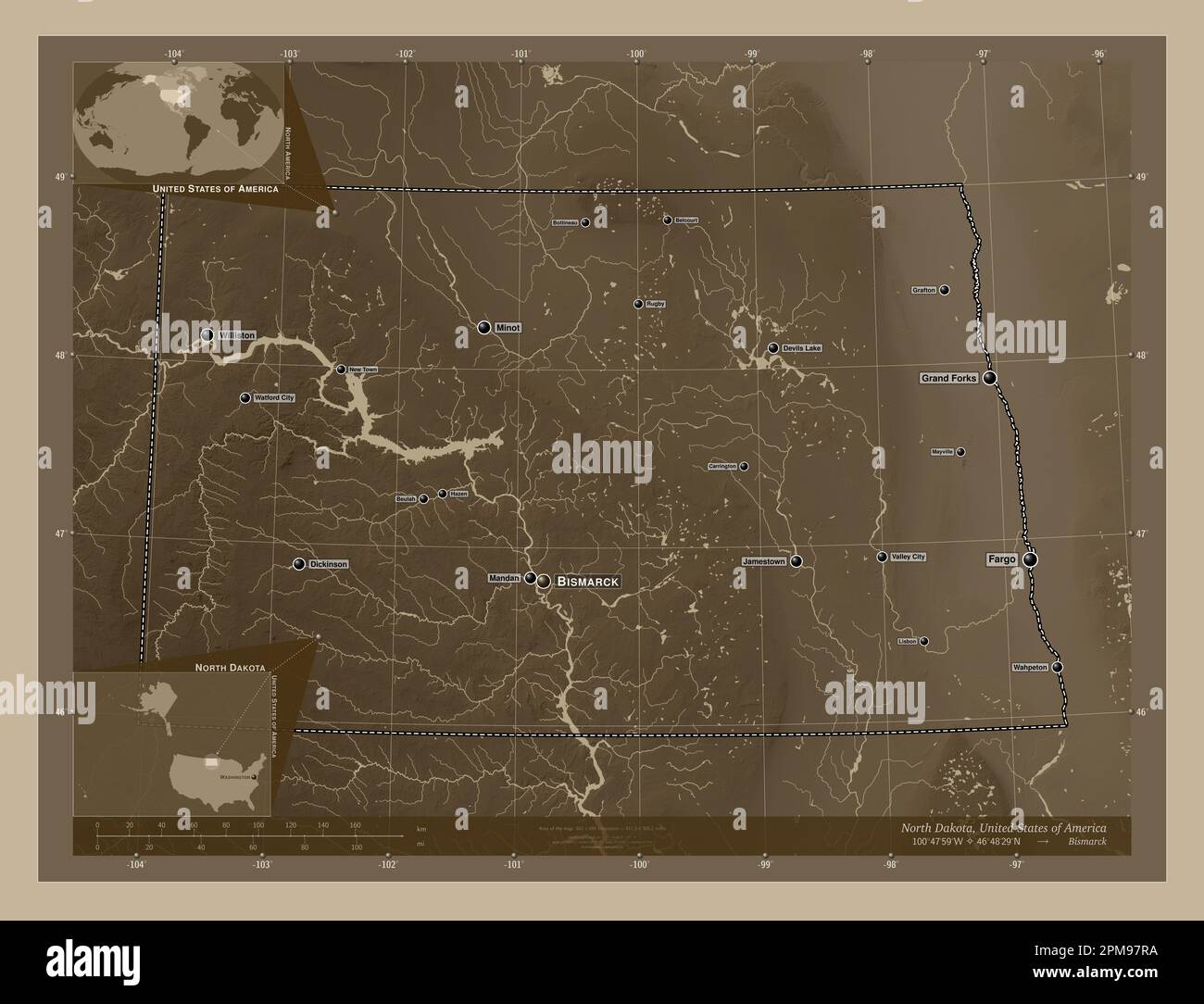 North Dakota, state of United States of America. Elevation map colored ...