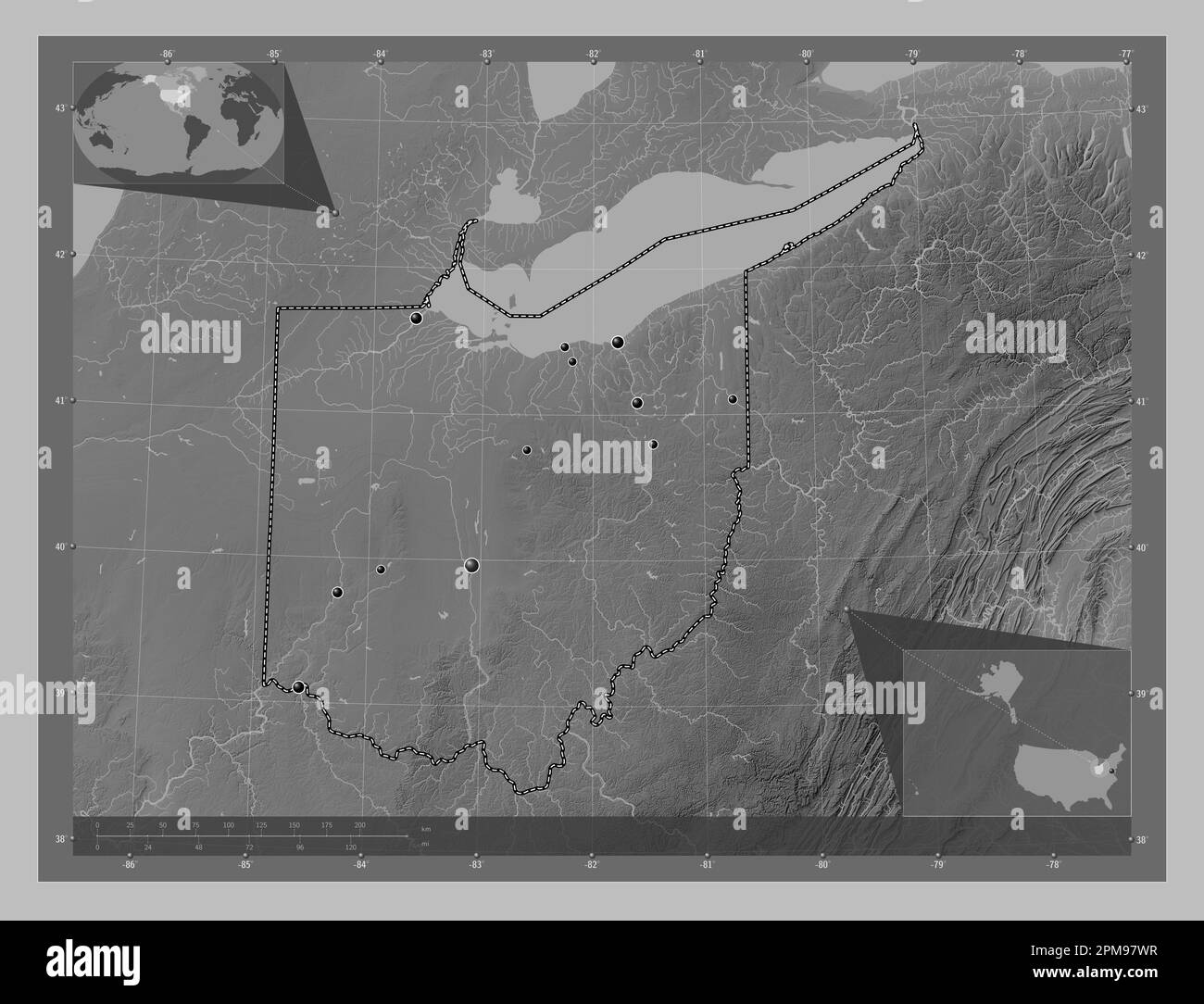 Ohio, state of United States of America. Grayscale elevation map with ...