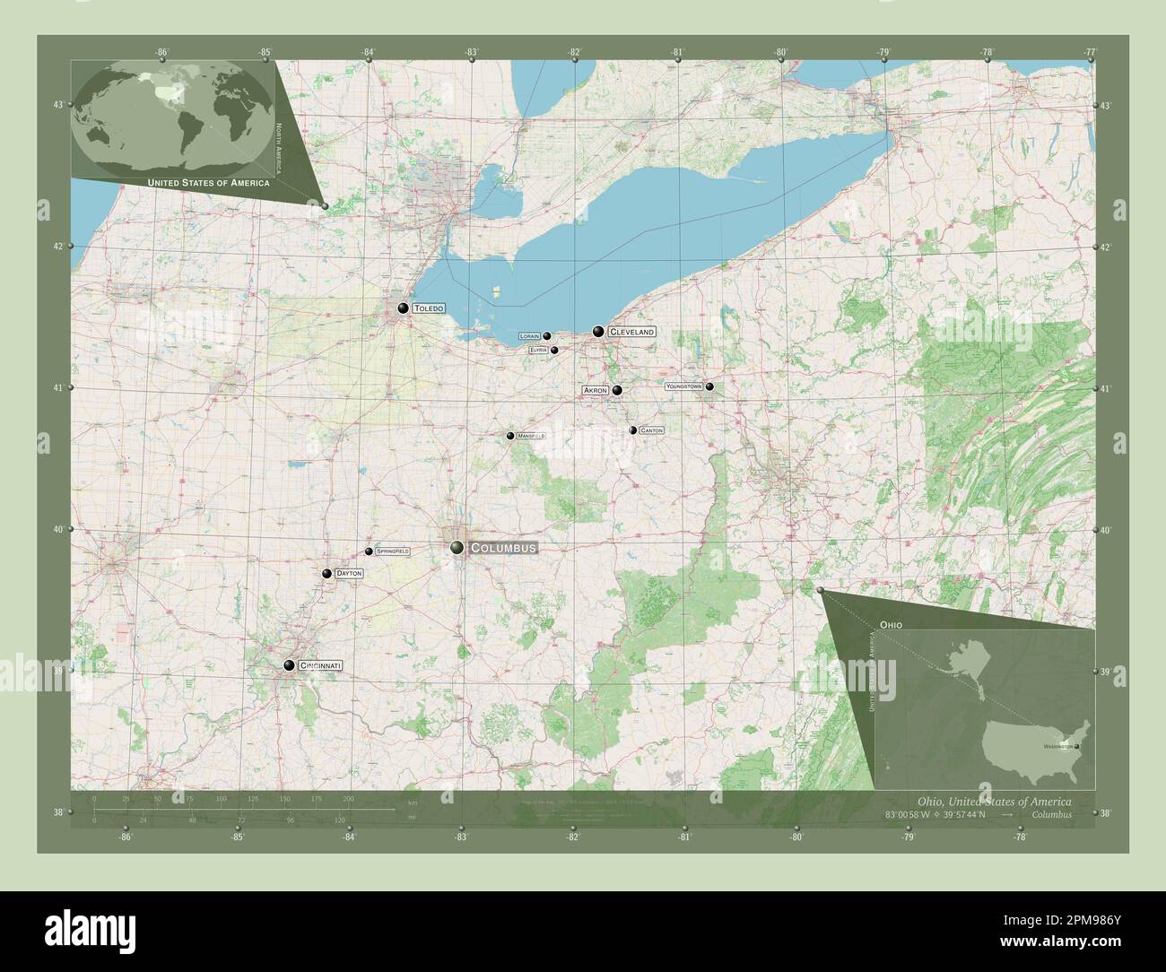 Ohio, state of United States of America. Open Street Map. Locations and ...