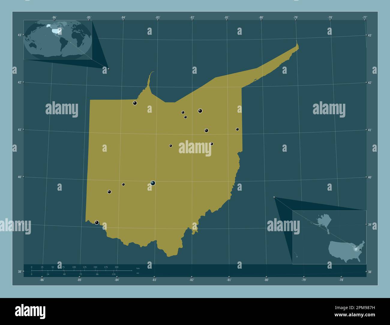 Ohio, state of United States of America. Solid color shape. Locations ...