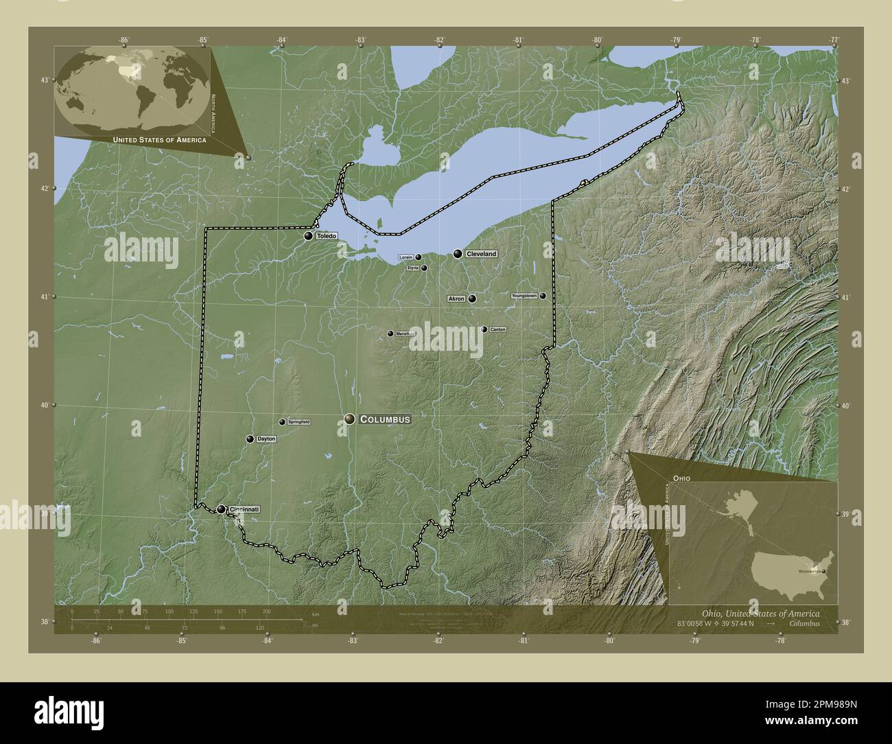 Ohio, state of United States of America. Elevation map colored in wiki ...