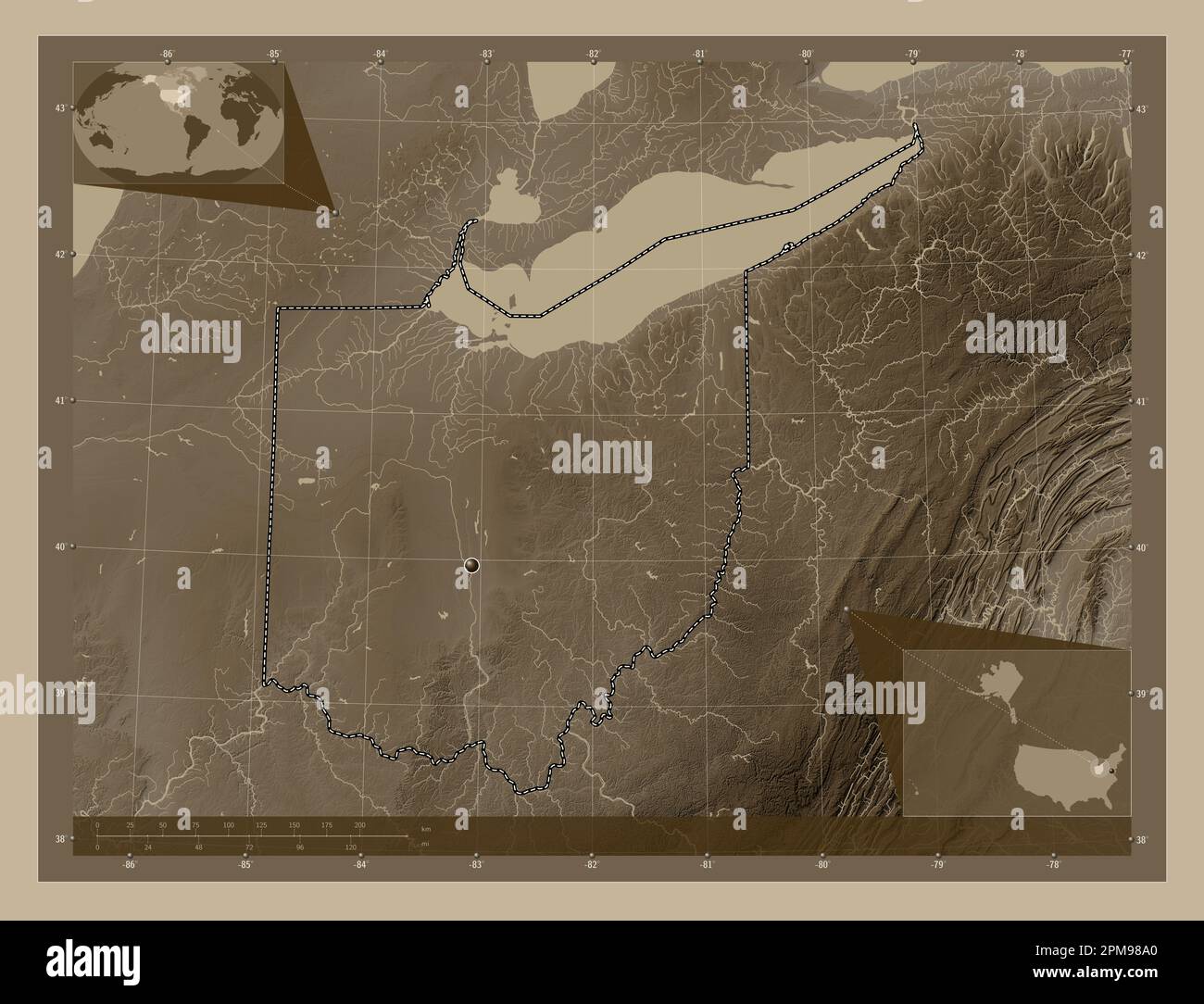 Ohio, state of United States of America. Elevation map colored in sepia ...