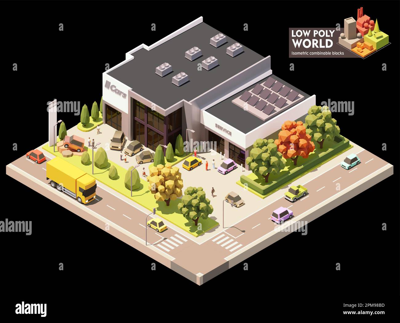 Vector isometric car dealership showroom and service station. New cars ...