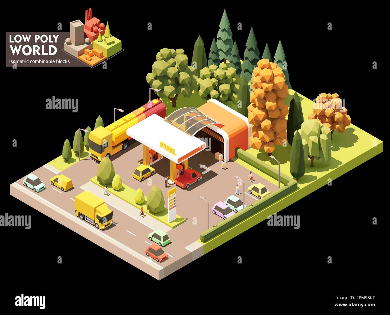 Vector isometric gas station with convenience store. Petrol filling ...