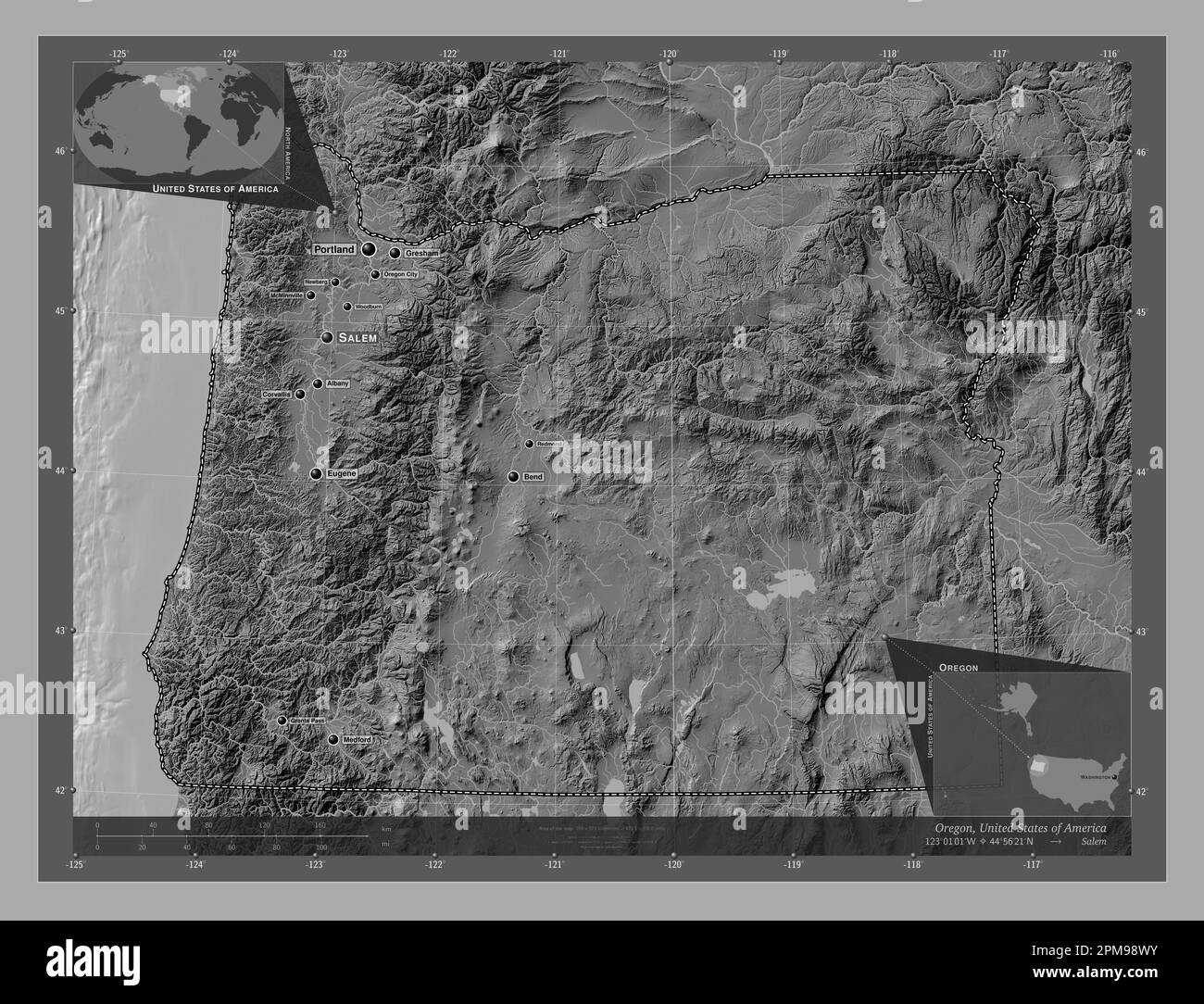 Oregon, state of United States of America. Bilevel elevation map with ...