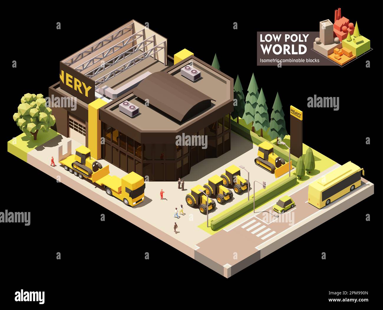 Vector isometric tractor and heavy machinery dealership showroom and ...