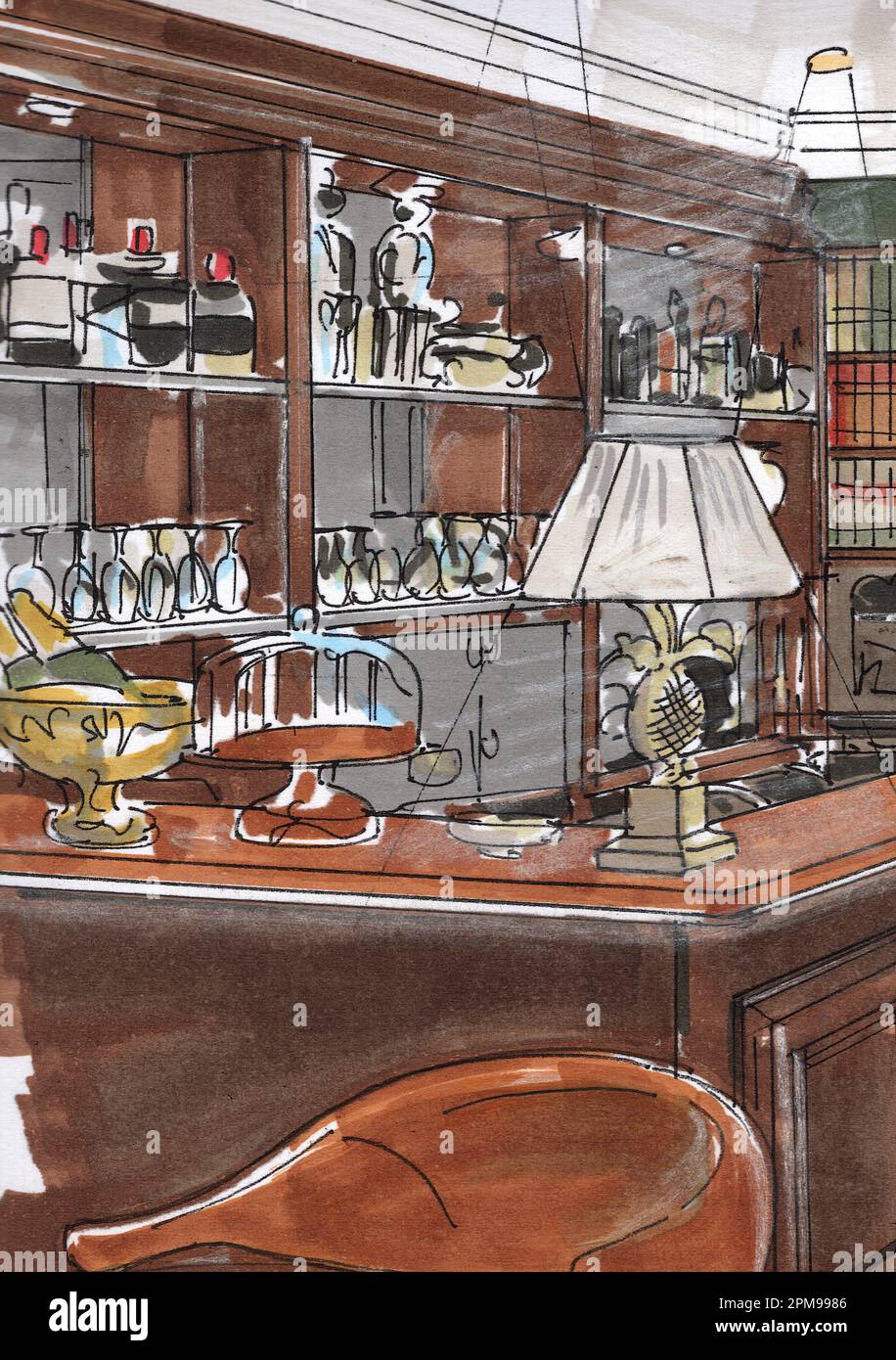 Colour sketch of a traditional style bar Stock Photo - Alamy