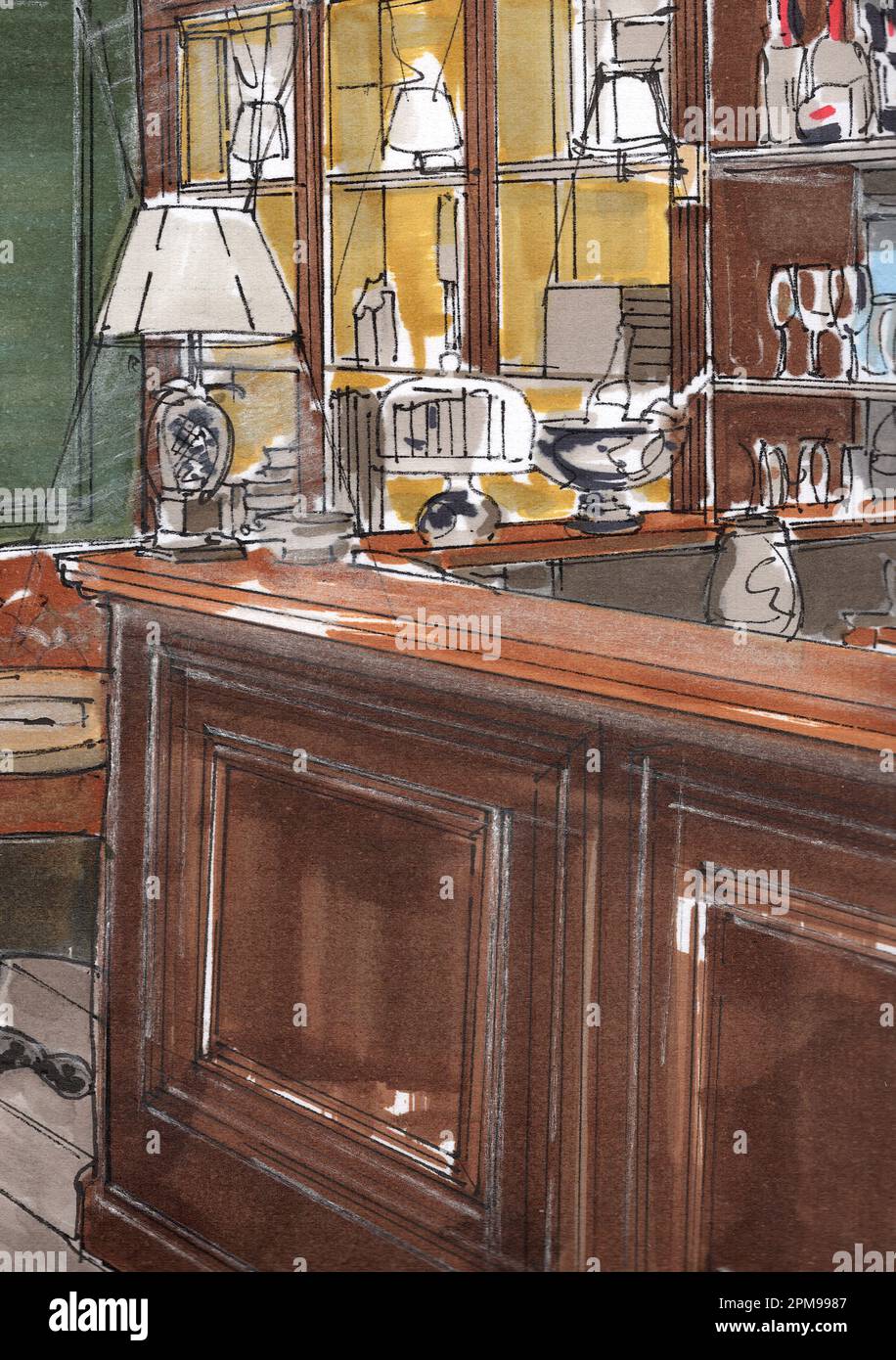 Colour sketch of a traditional style bar Stock Photo - Alamy