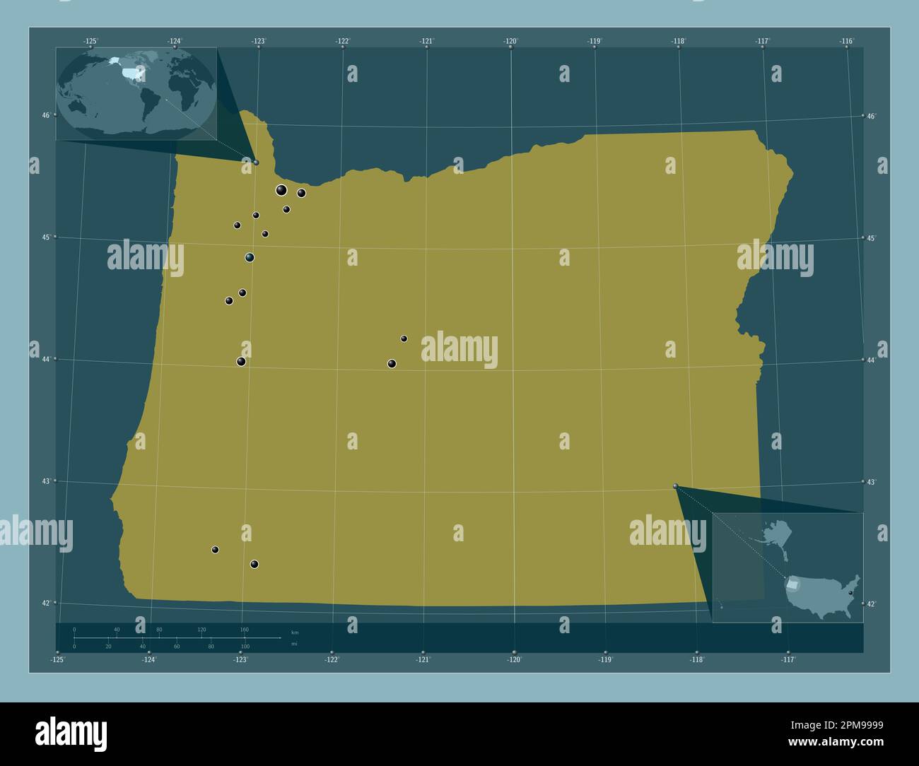 Oregon, state of United States of America. Solid color shape. Locations ...