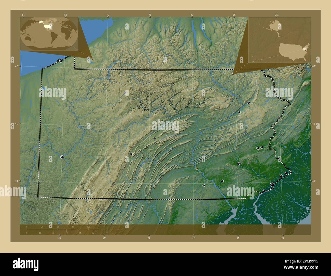 Pennsylvania, state of United States of America. Colored elevation map ...