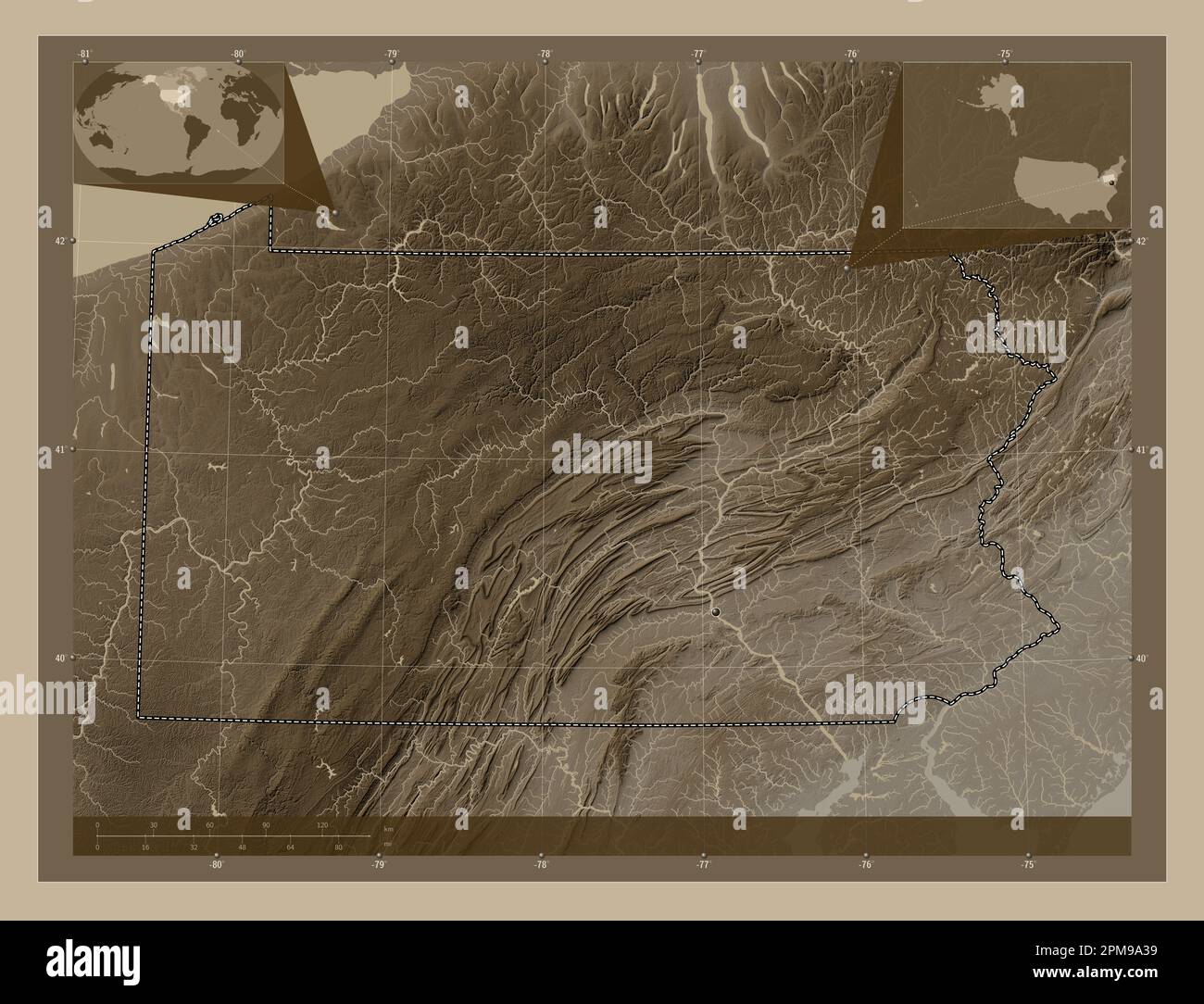 Pennsylvania, state of United States of America. Elevation map colored ...