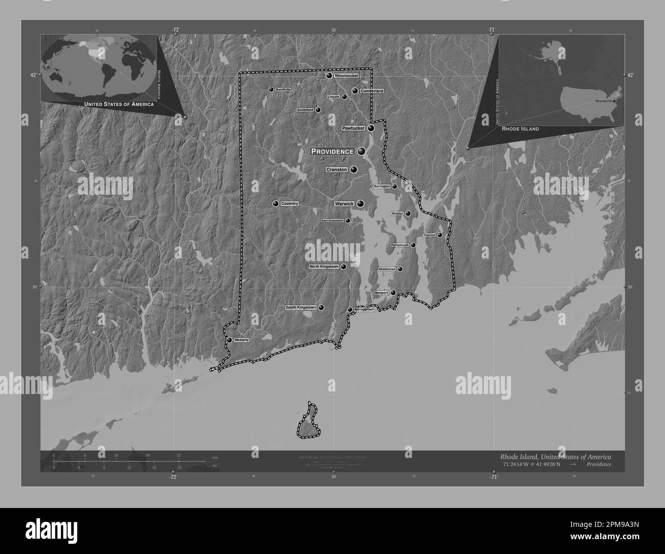 Rhode Island, state of United States of America. Bilevel elevation map ...