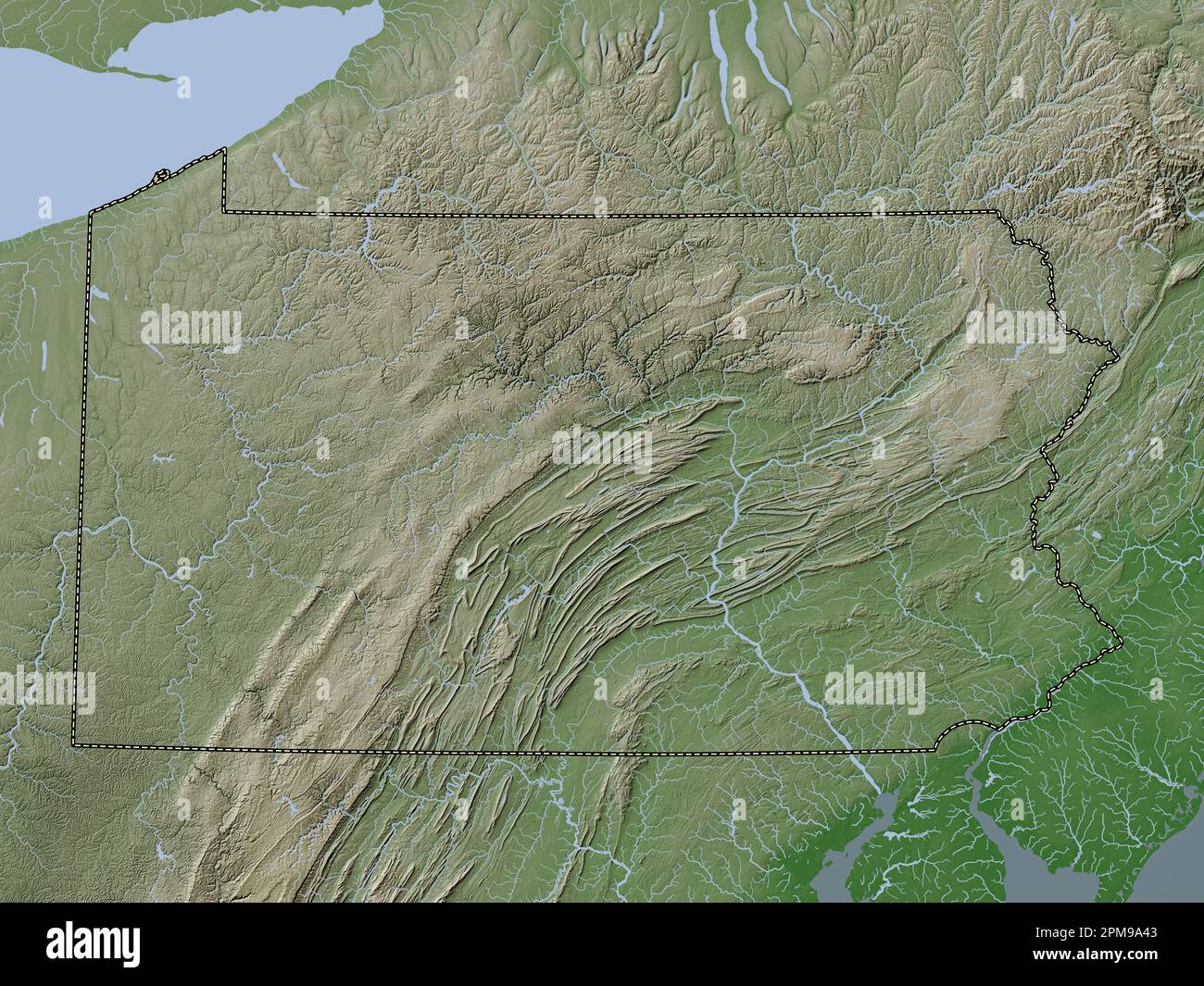 Pennsylvania, state of United States of America. Elevation map colored ...