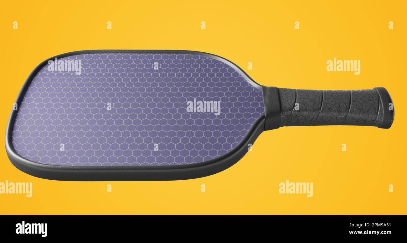 Pickleball racket with black leather handle, carbon pattern on isolated ...