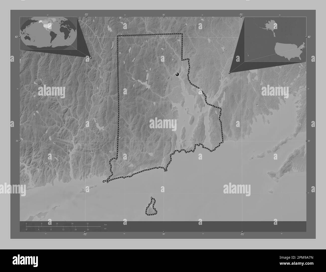 Rhode Island, state of United States of America. Grayscale elevation ...