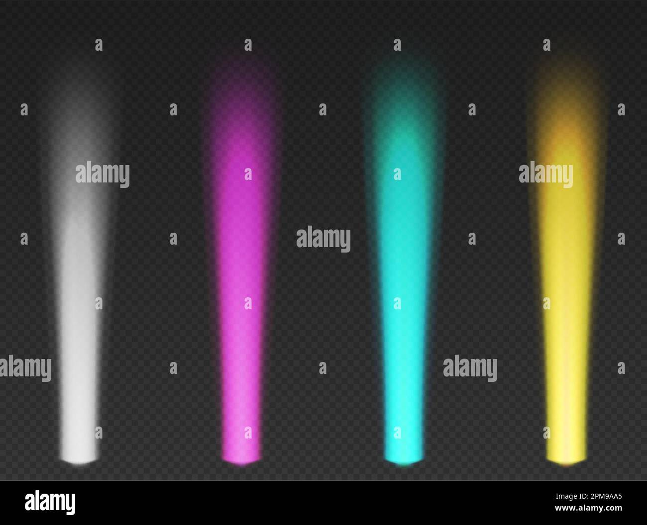 Four colored searchlights in the air. Cone lights from bottom with ...