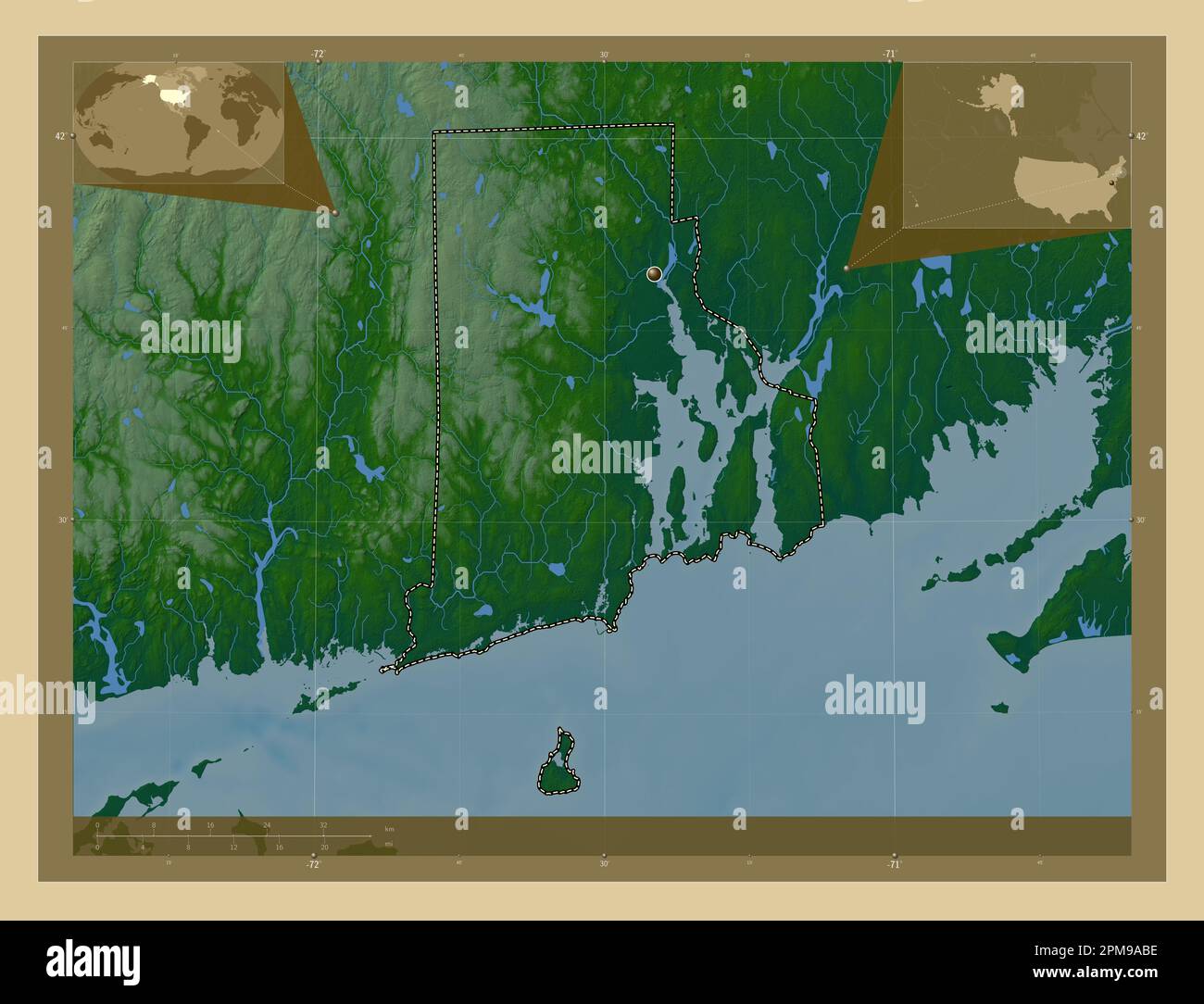 Rhode Island, state of United States of America. Colored elevation map ...