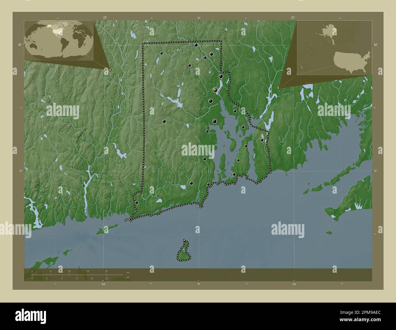 Rhode Island, state of United States of America. Elevation map colored ...