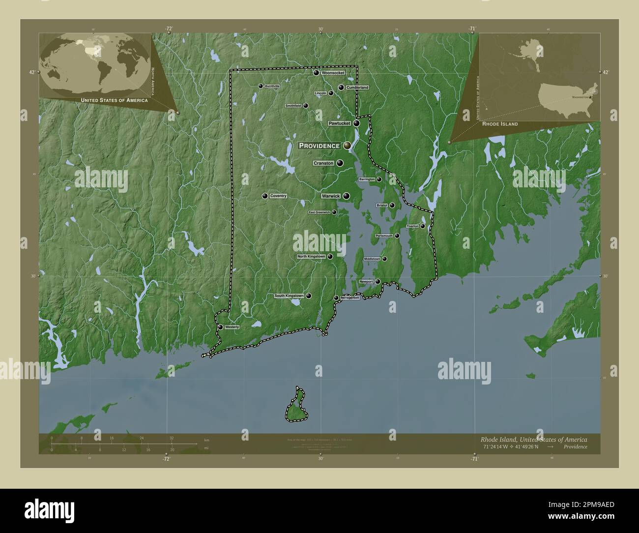 Rhode Island, state of United States of America. Elevation map colored ...
