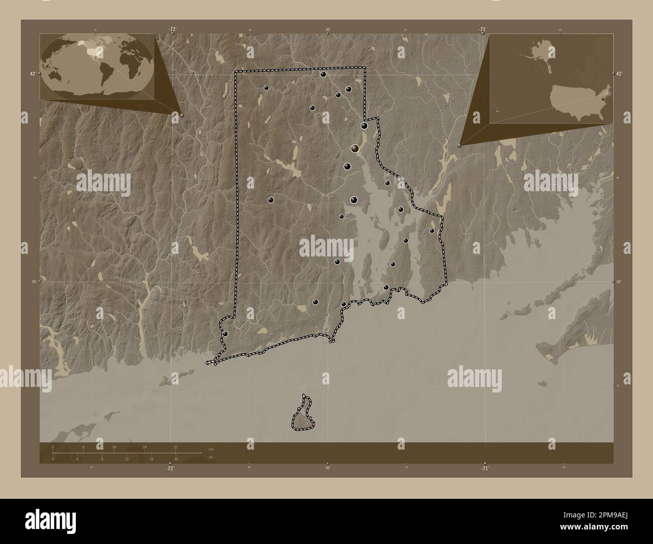 Rhode Island, state of United States of America. Elevation map colored ...
