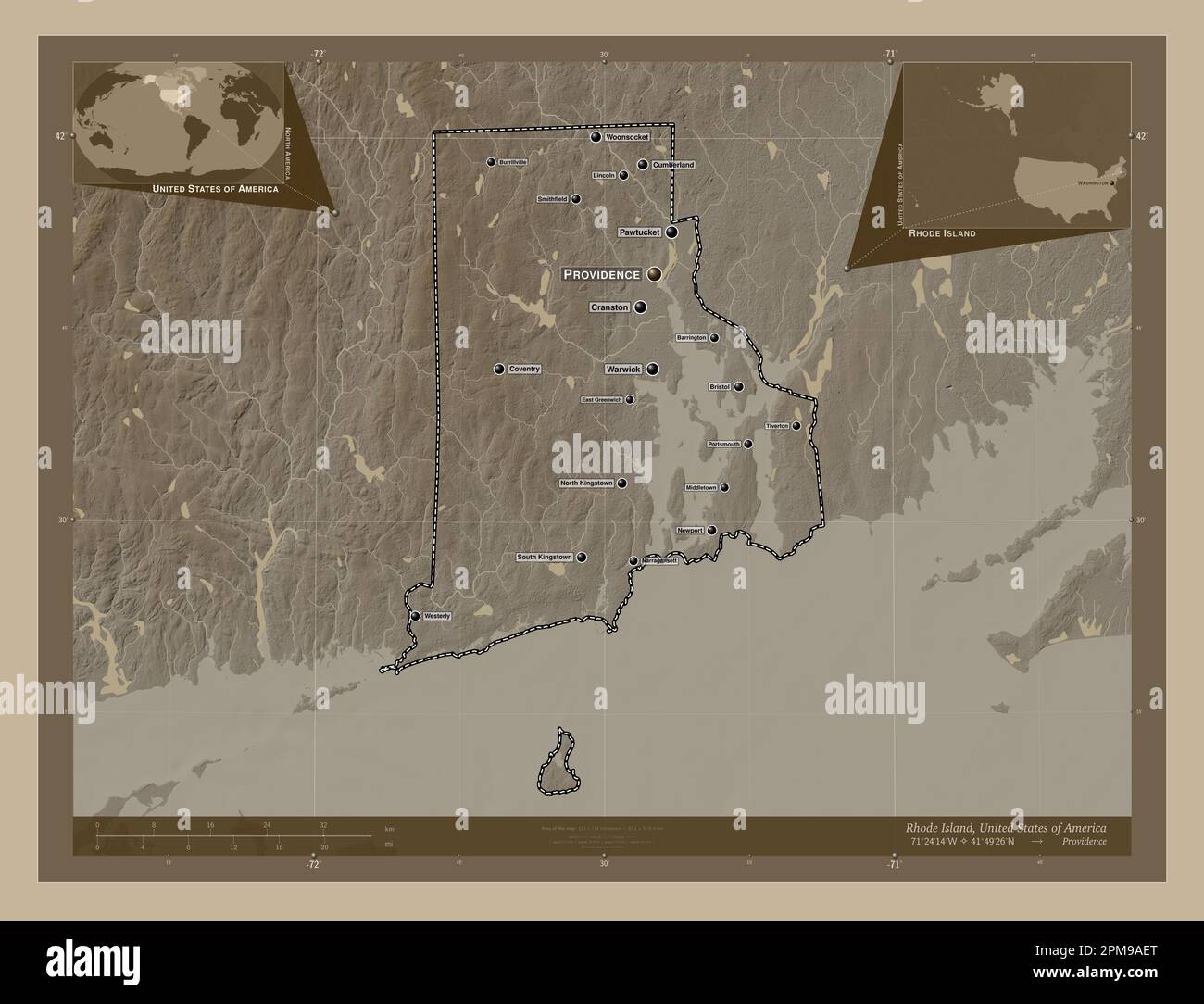 Rhode Island, state of United States of America. Elevation map colored ...