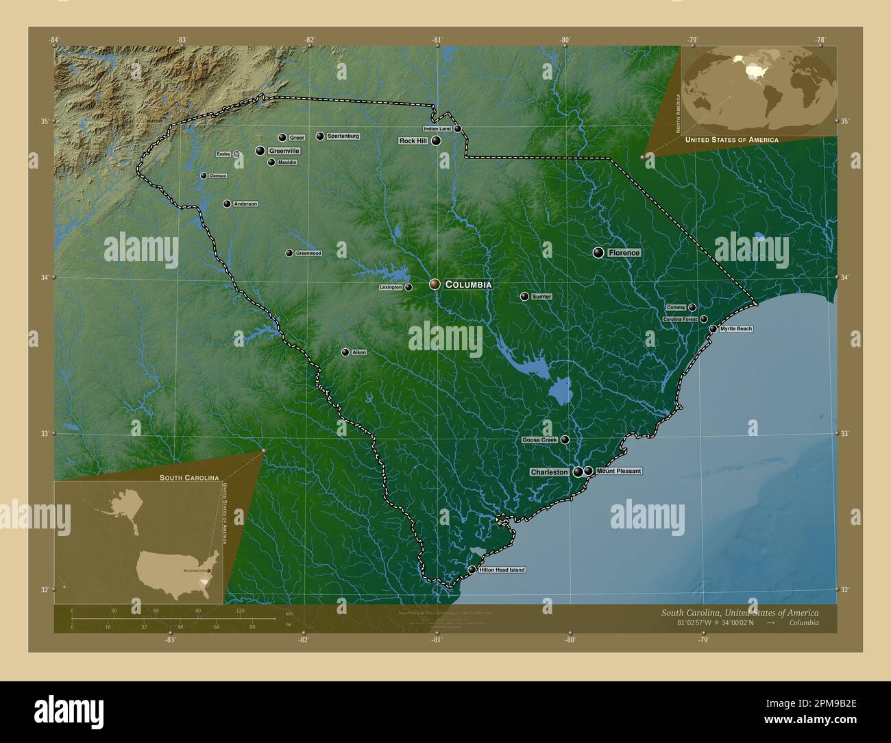South Carolina, state of United States of America. Colored elevation ...