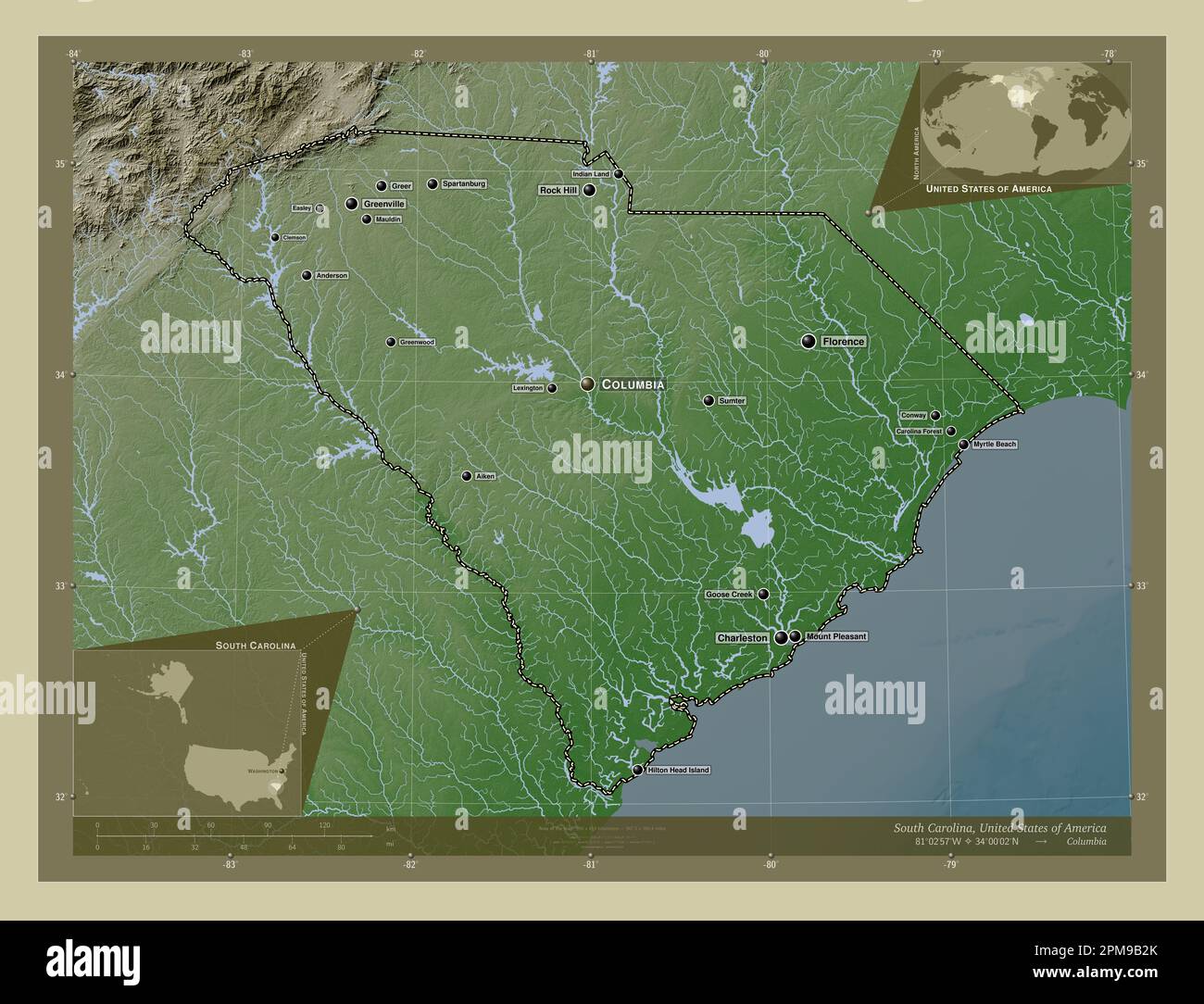 South Carolina, state of United States of America. Elevation map ...