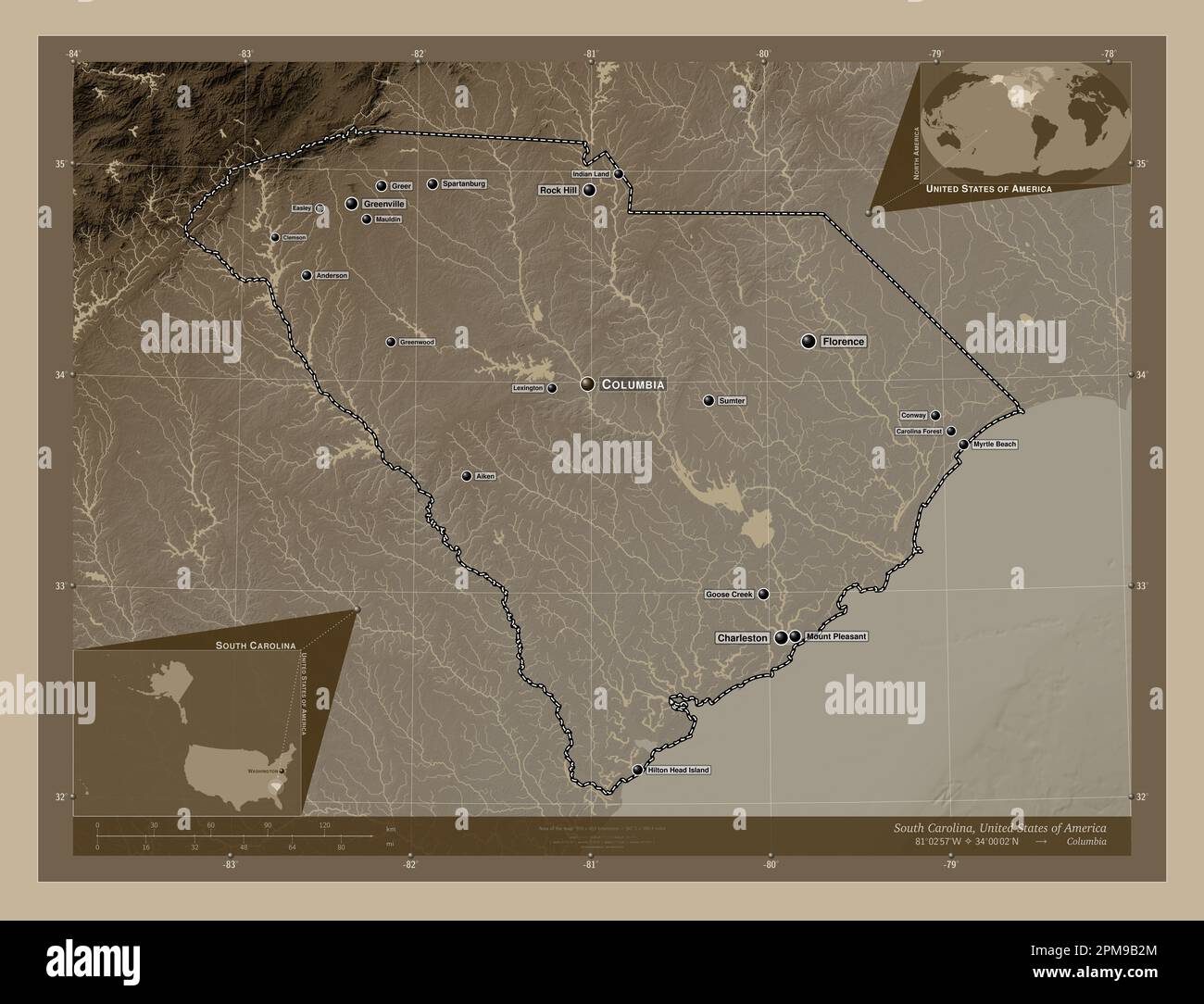 South Carolina, state of United States of America. Elevation map ...