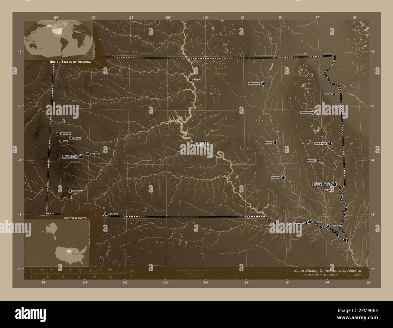 South Dakota, state of United States of America. Elevation map colored ...