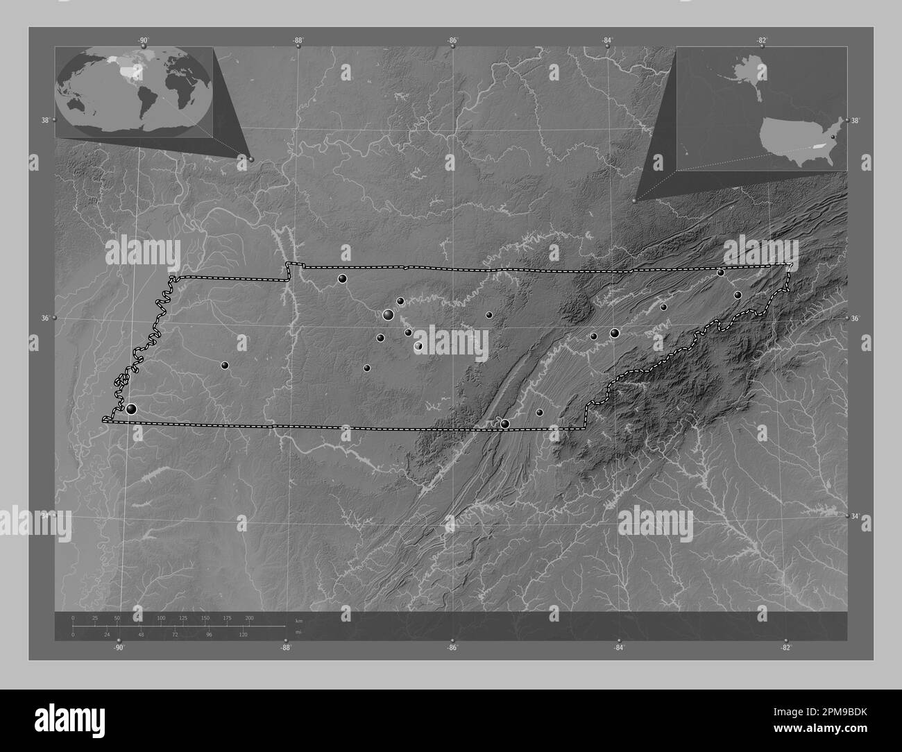 Tennessee, state of United States of America. Grayscale elevation map ...