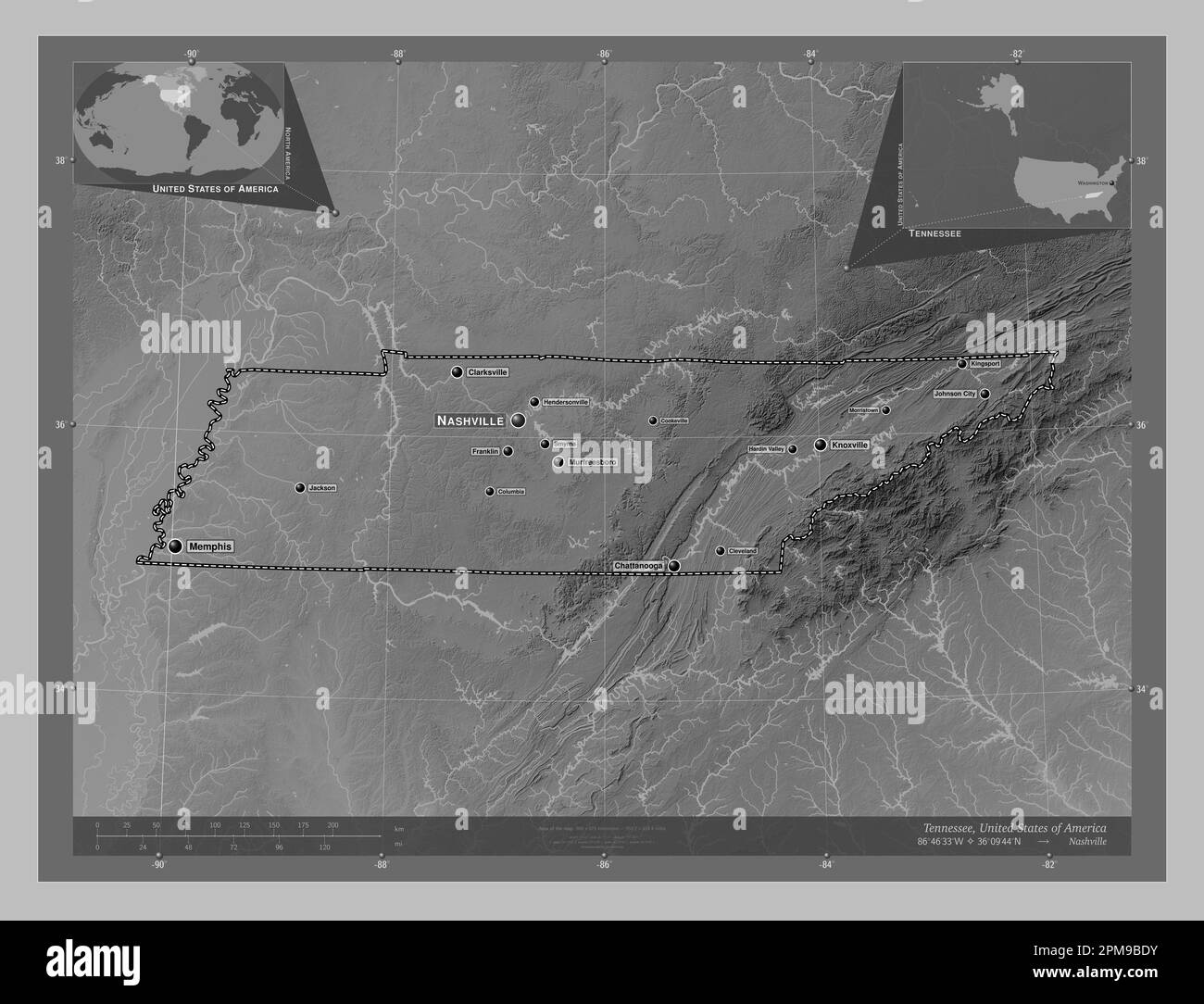 Tennessee, state of United States of America. Grayscale elevation map ...