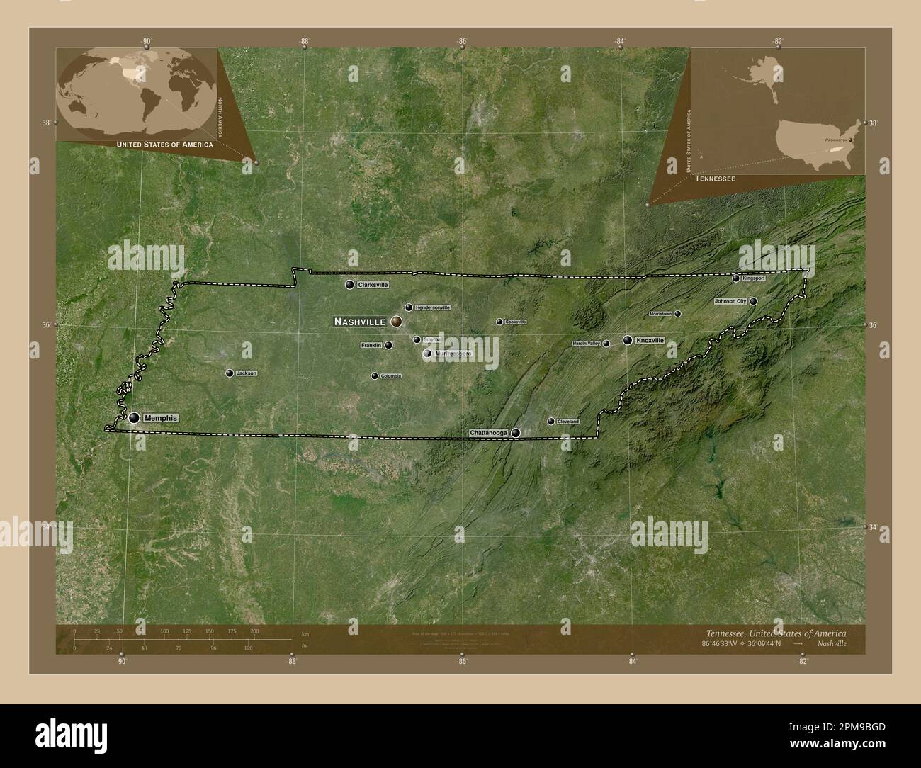 Tennessee, state of United States of America. Low resolution satellite ...